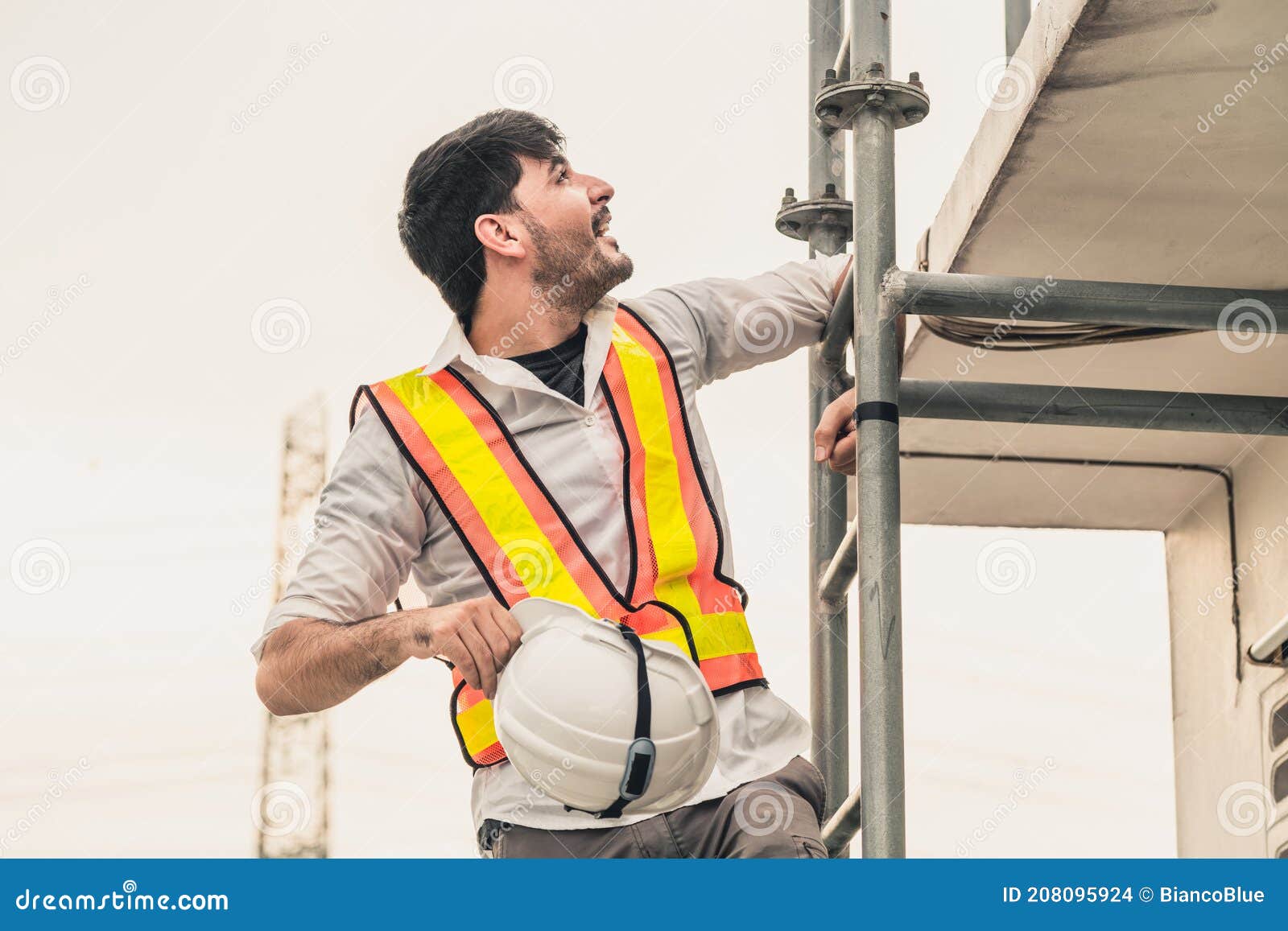 Young Man Worker or Engineer Climb Ladder. Stock Photo - Image of ...