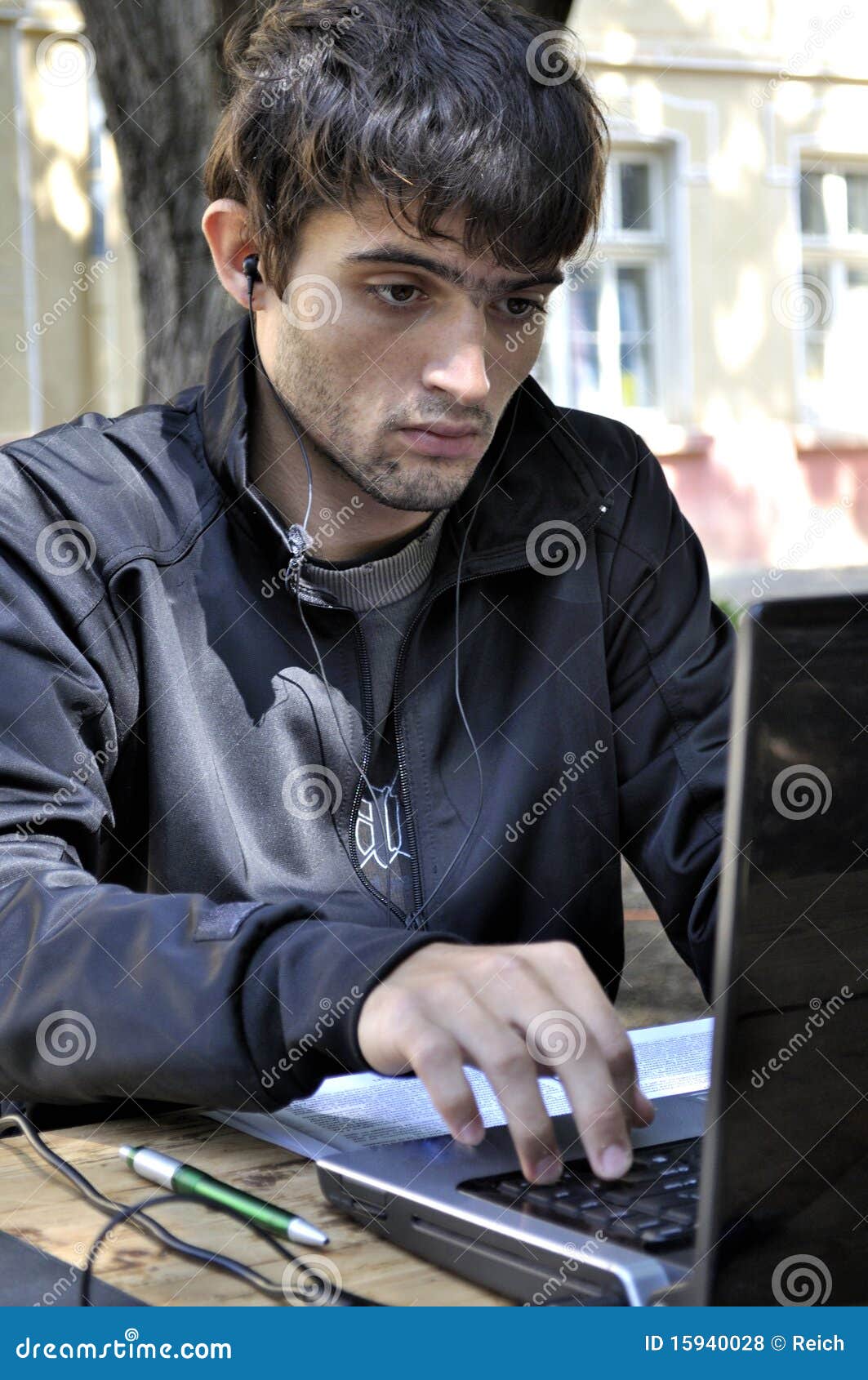 Young man working stock photo. Image of computer, countryside - 15940028