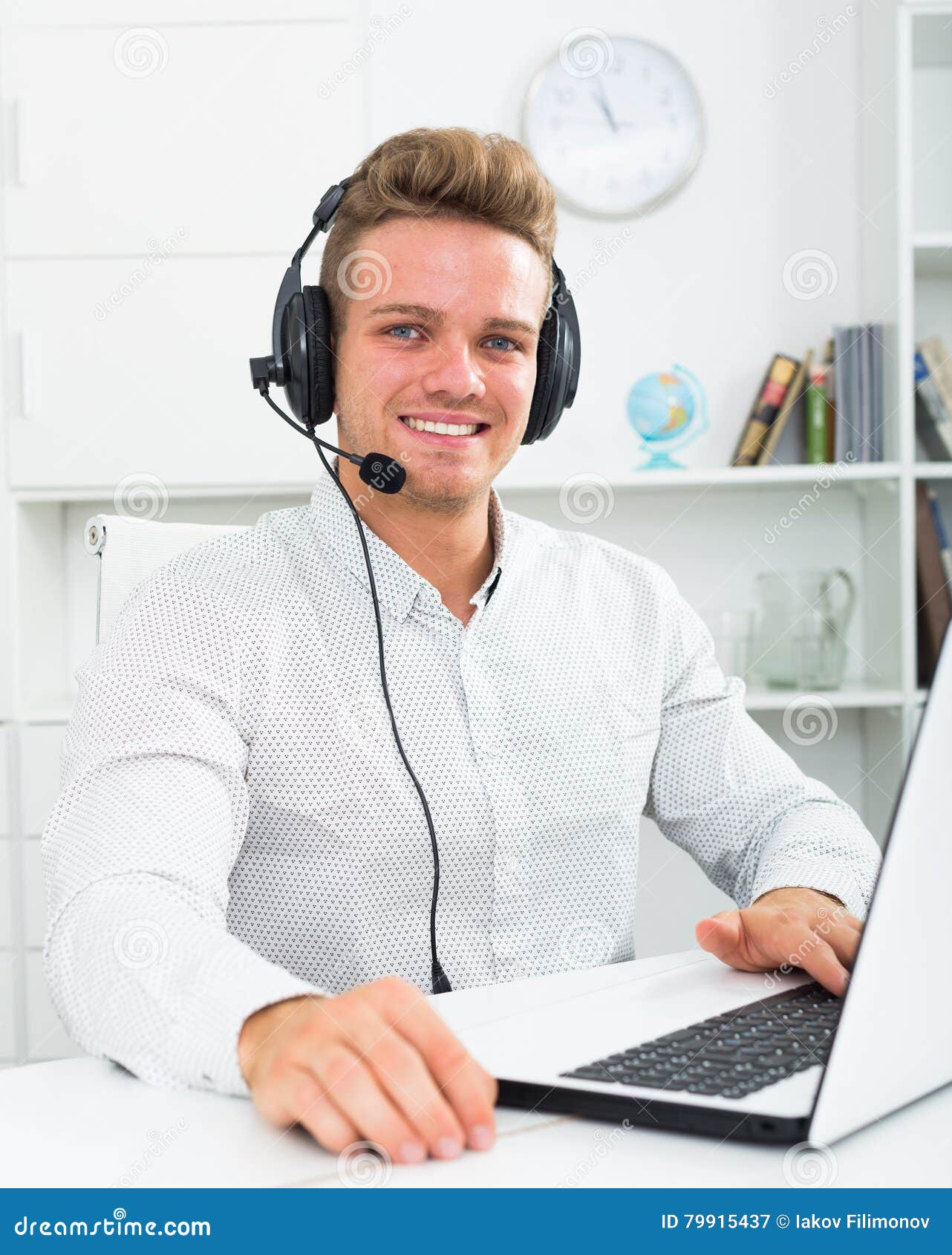 Young Man Working in Call Centre Stock Image - Image of happiness ...