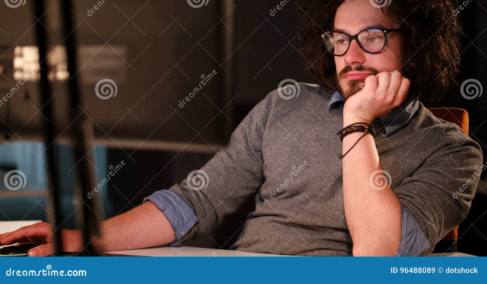 Man Working on Computer in Dark Office Stock Image - Image of night ...