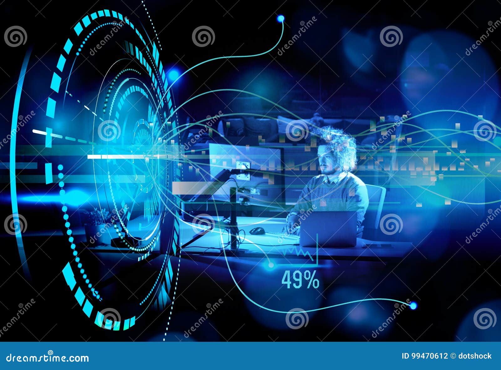 Man Working on Computer in Dark Office Stock Photo - Image of attention ...