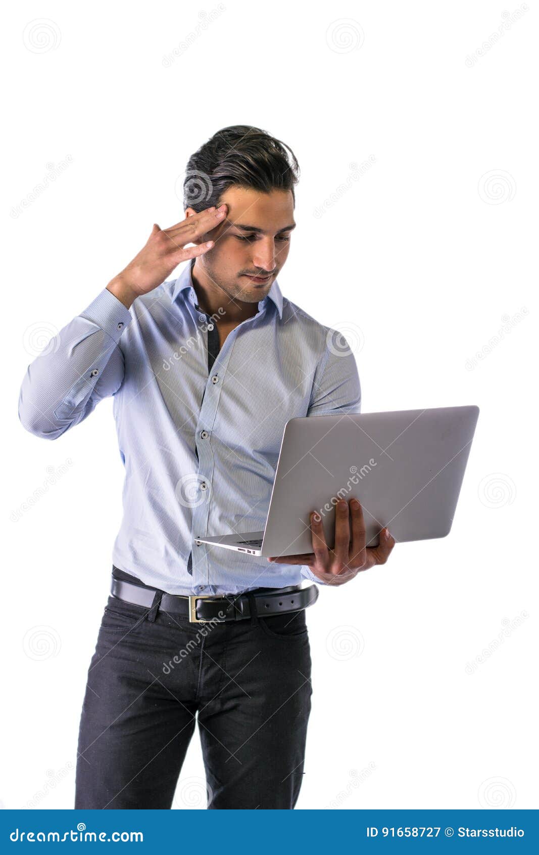 Young Man Working with Computer Standing Stock Image - Image of young ...
