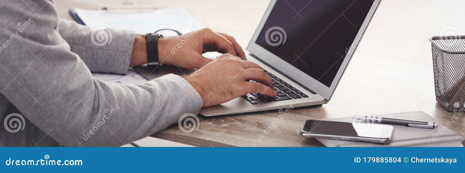 Young Man Working On Computer At Table, Closeup. Banner Design Stock ...