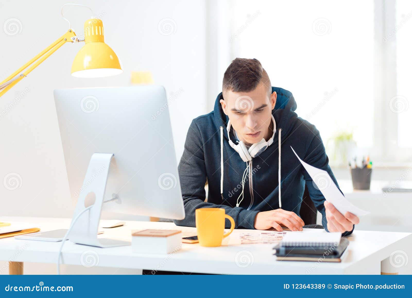 Young Man Working at Home Office Stock Image - Image of indoor, male ...