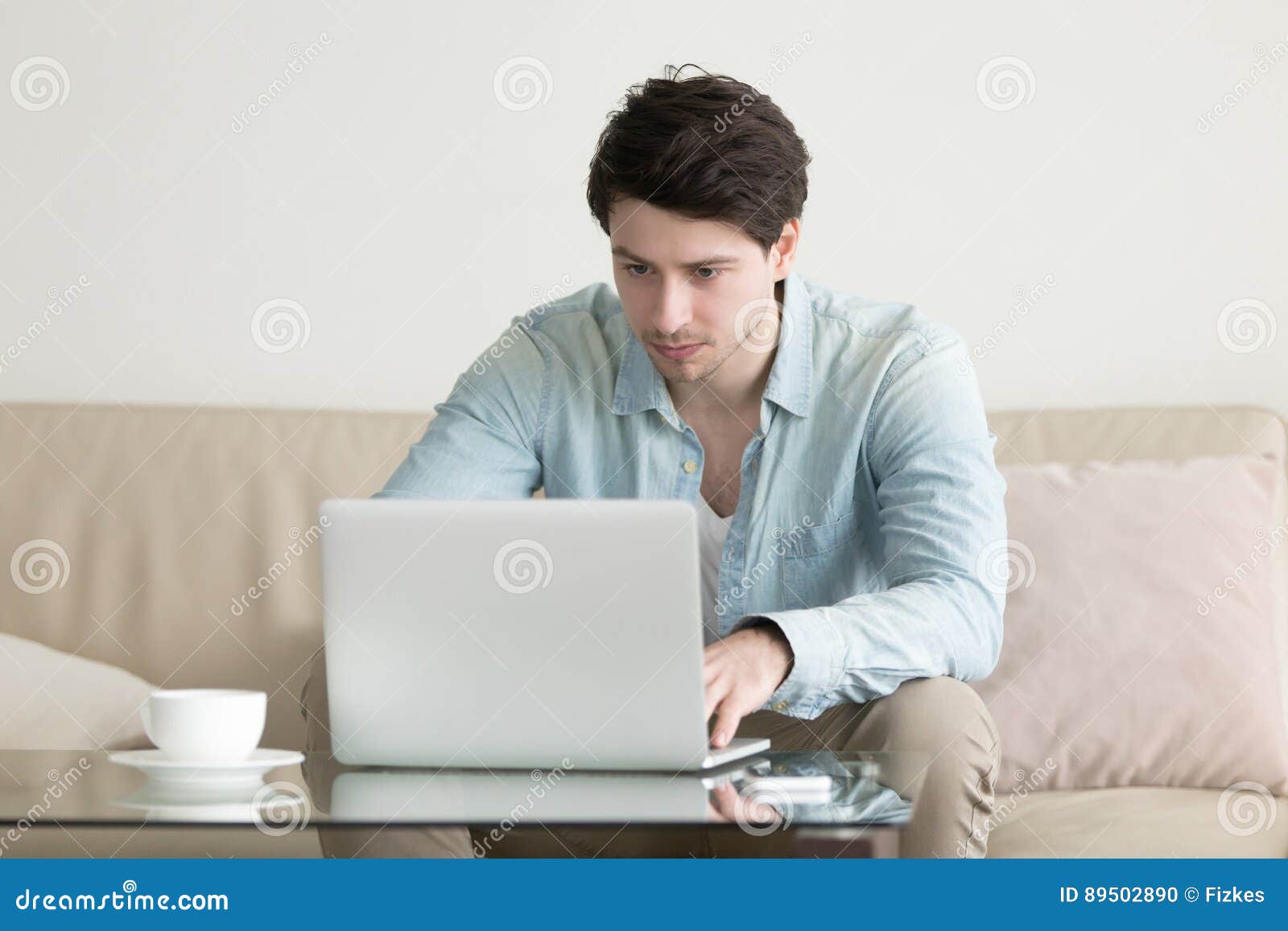 Young Man Working at Home Office, Using Laptop Computer, Freelan Stock ...