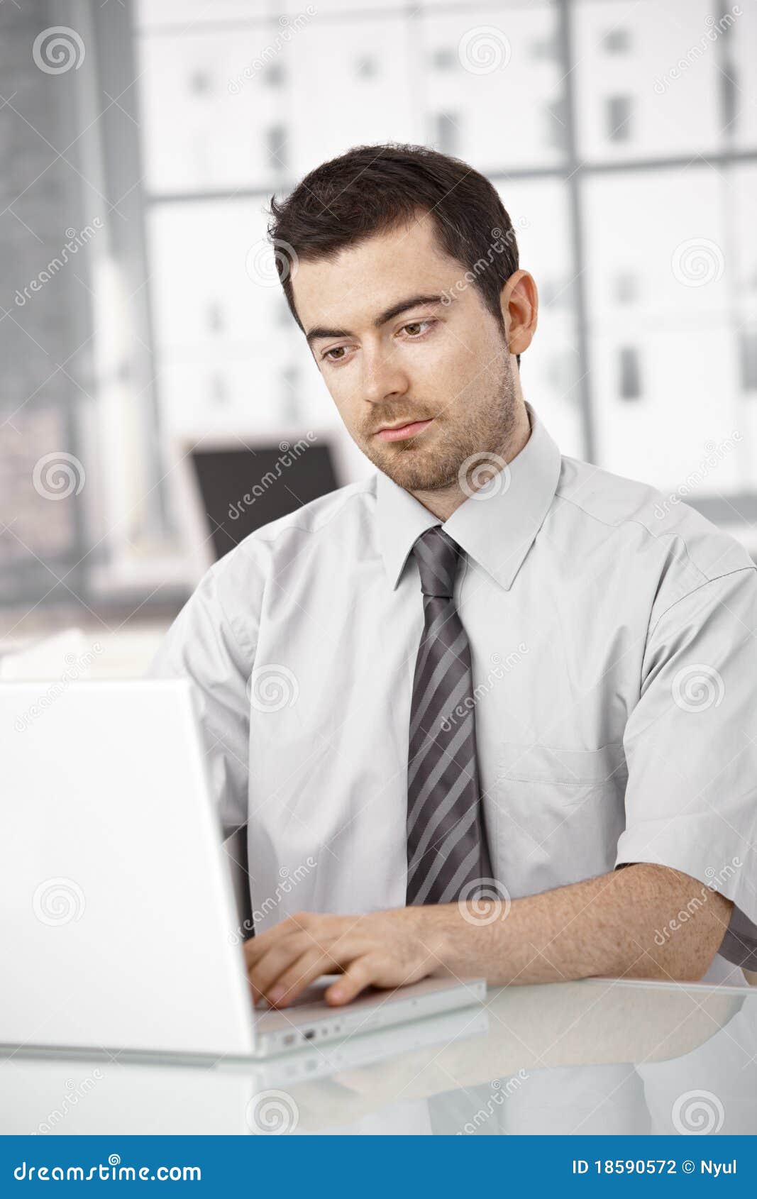 Young Man Working on Laptop in Bright Office Stock Photo - Image of ...