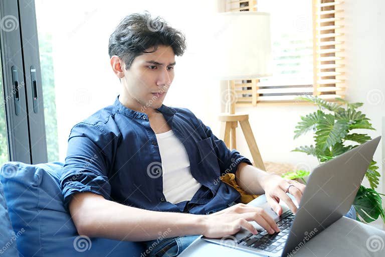 Young Man Working with Laptop Computer at Home, Work from Home, Online ...