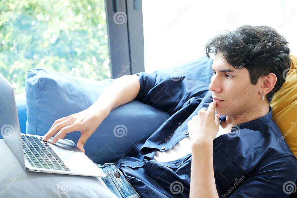 Young Man Working with Laptop Computer at Home, Work from Home, Online ...