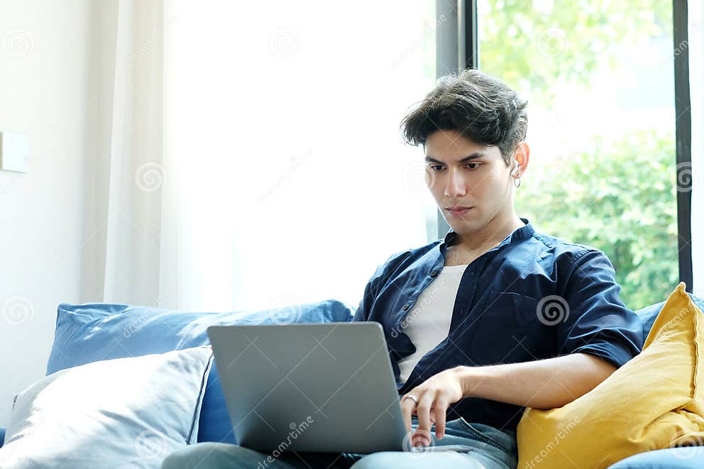 Young Man Working with Laptop Computer at Home, Work from Home, Online ...