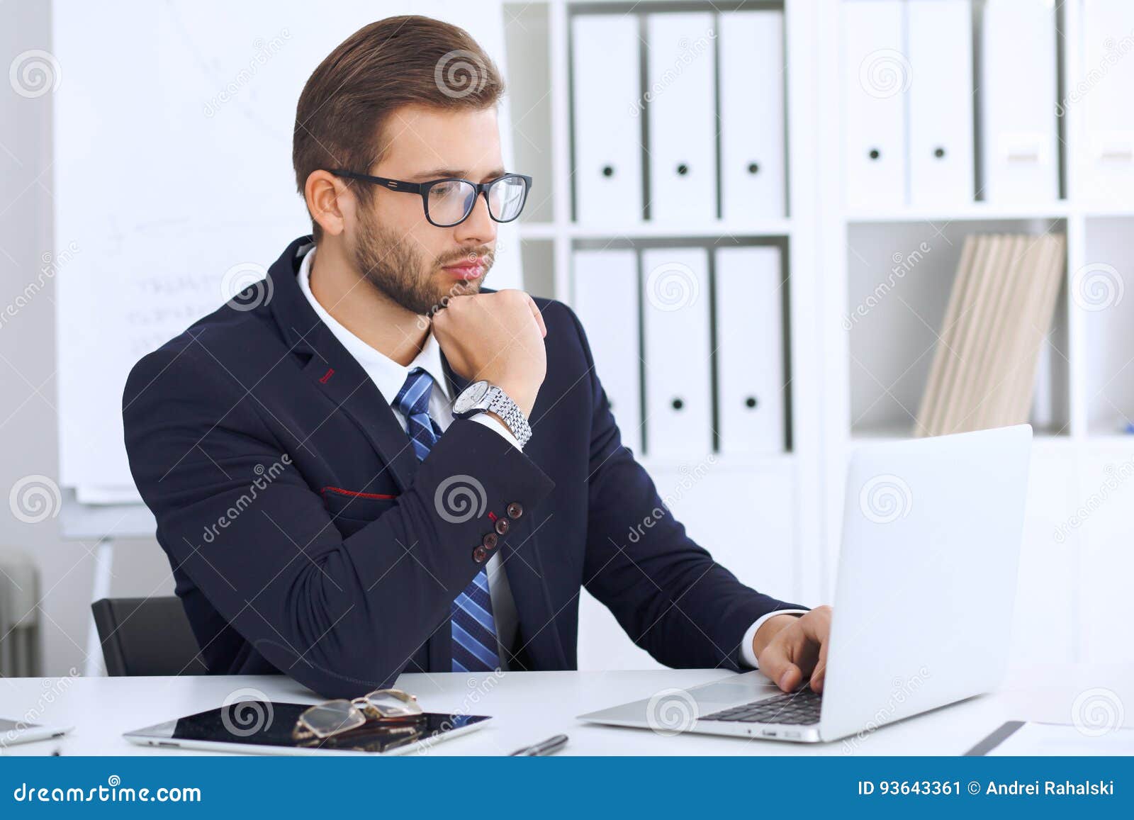 Young Man Working with Laptop Computer, Man`s Hands on Notebook ...
