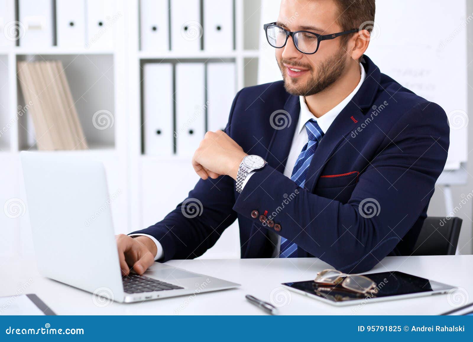 Young Man Working with Laptop Computer, Man`s Hands on Notebook ...