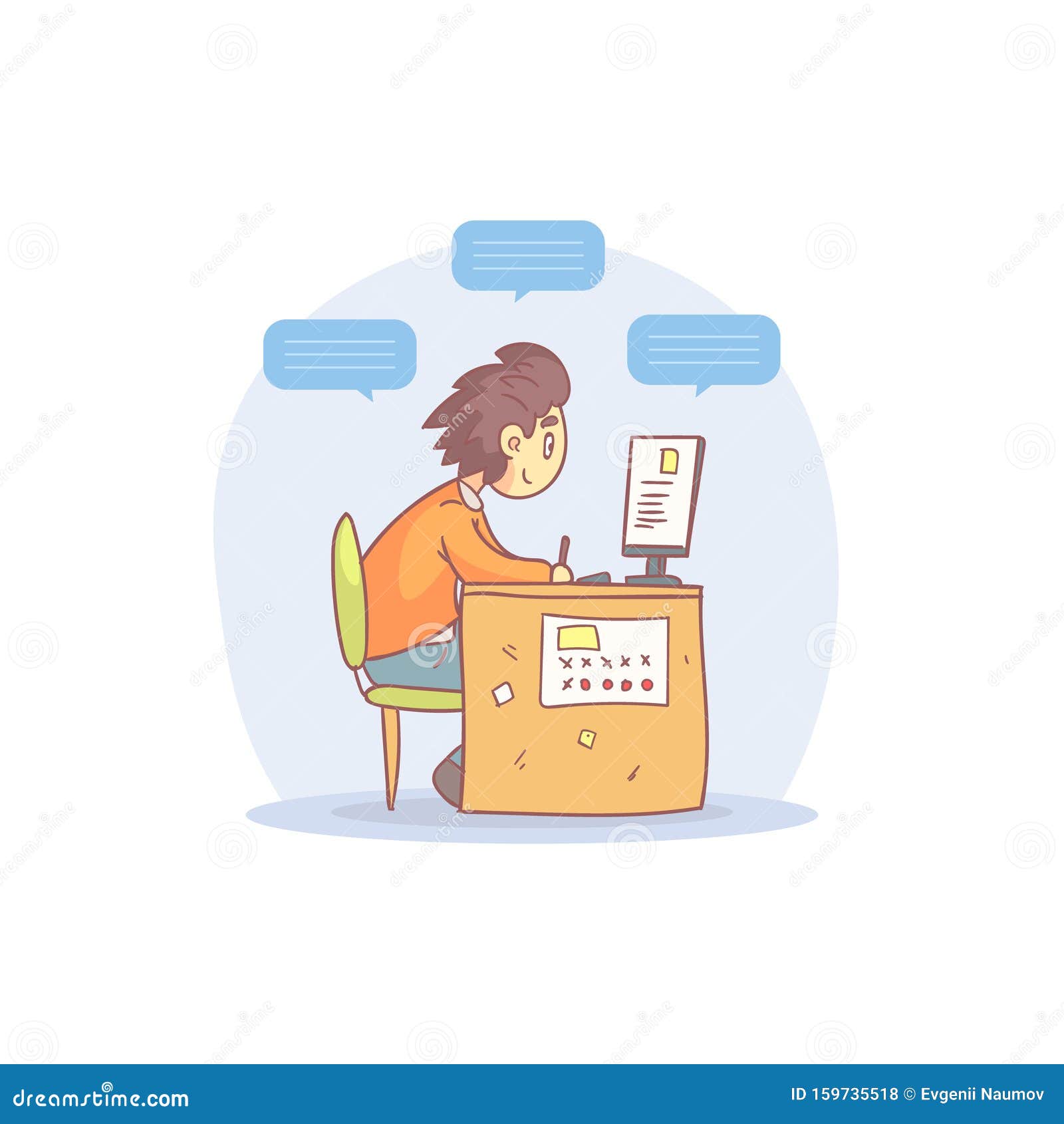Young Man Working with Laptop Computer with Speech Bubbles Cartoon ...