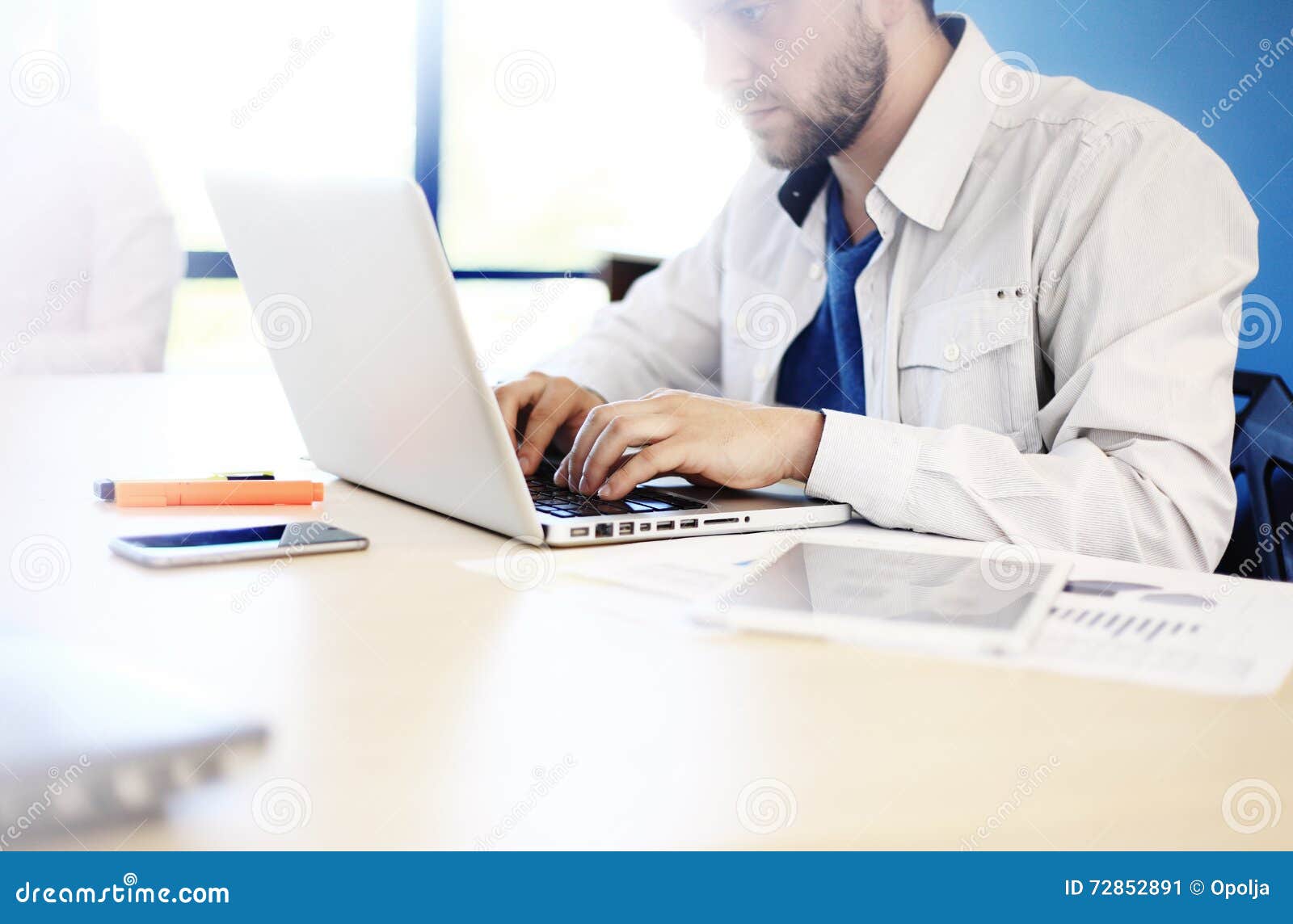 Young Man Working with Laptop, Man Hands on Notebook Computer, Business ...