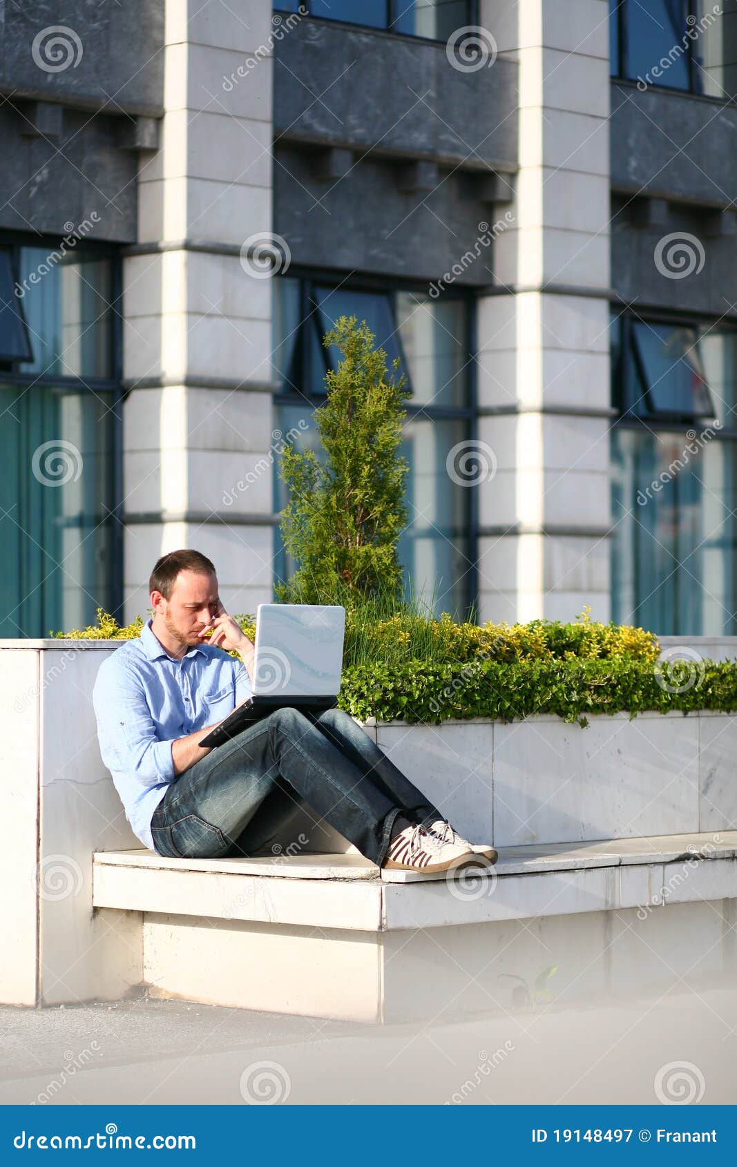 Young Man Working on Laptop Outside Stock Image - Image of outside ...