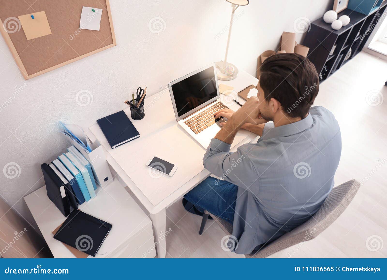 Young Man Working with Laptop at Table Stock Image - Image of internet ...