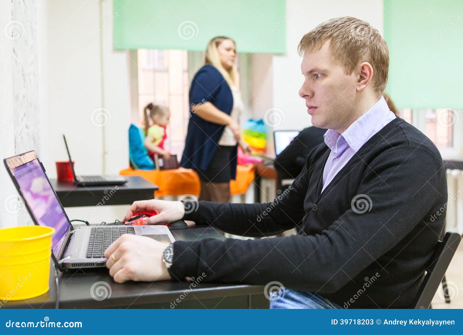Young Man Working with Laptop in Working Room Stock Image - Image of ...