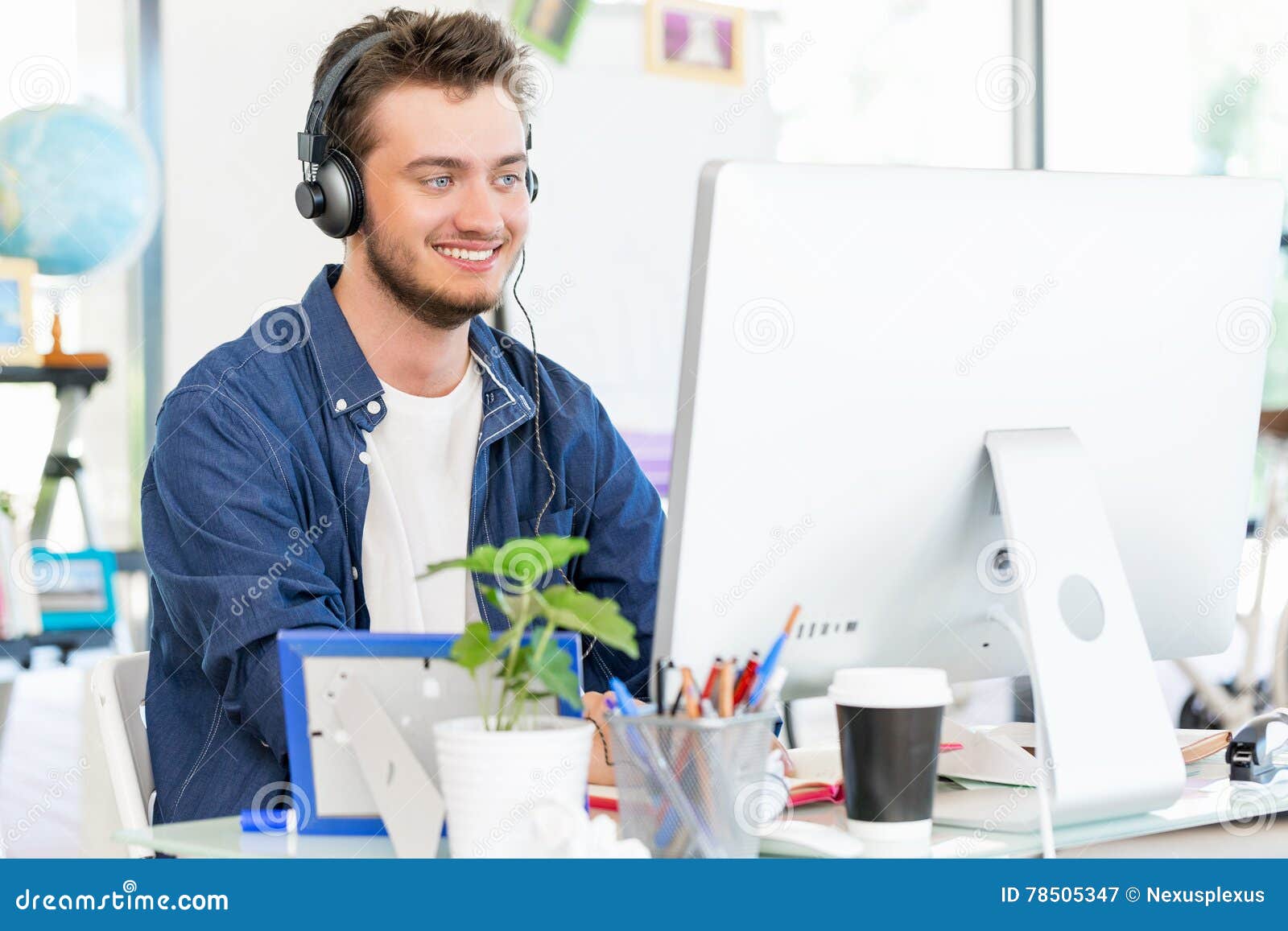 Young Man Working in Office Stock Image - Image of break, computer ...