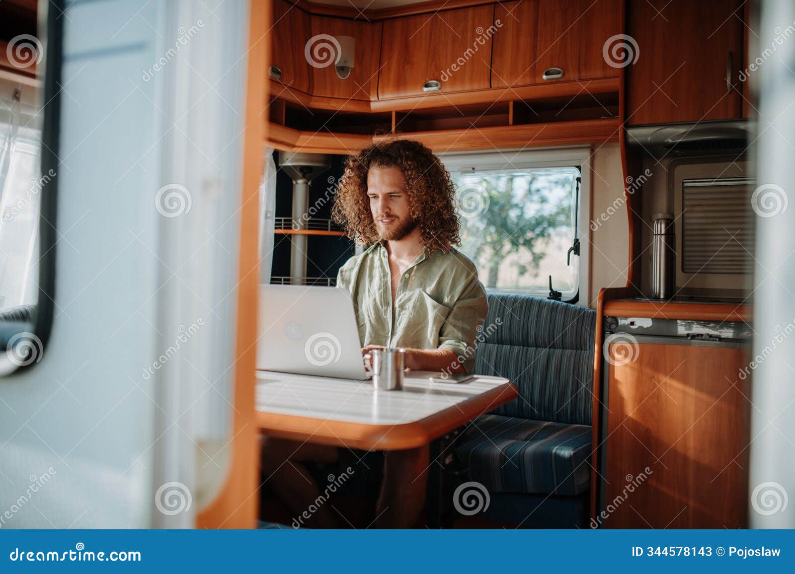 Young Man Working Remotely from Caravan. Man Using Camper As Homeoffice ...