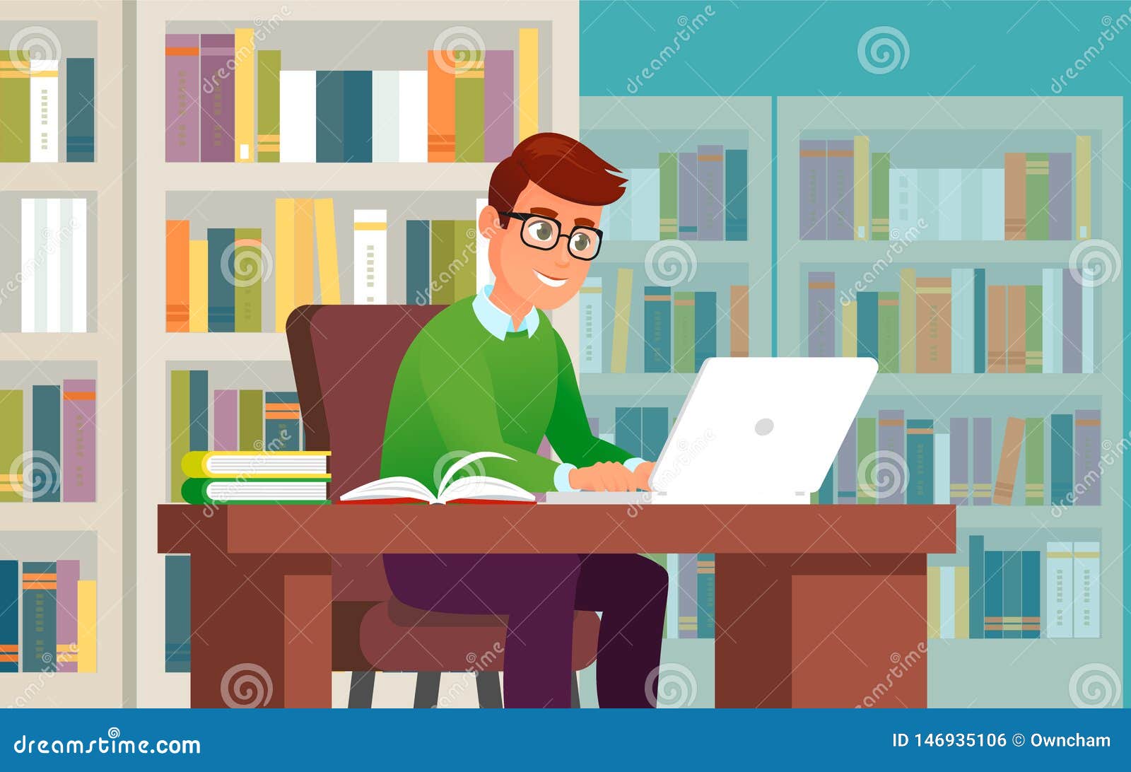 Young Man Working or Study on Laptop in Library Stock Vector ... Young Man Working or Study on Laptop in Library Stock Vector ...