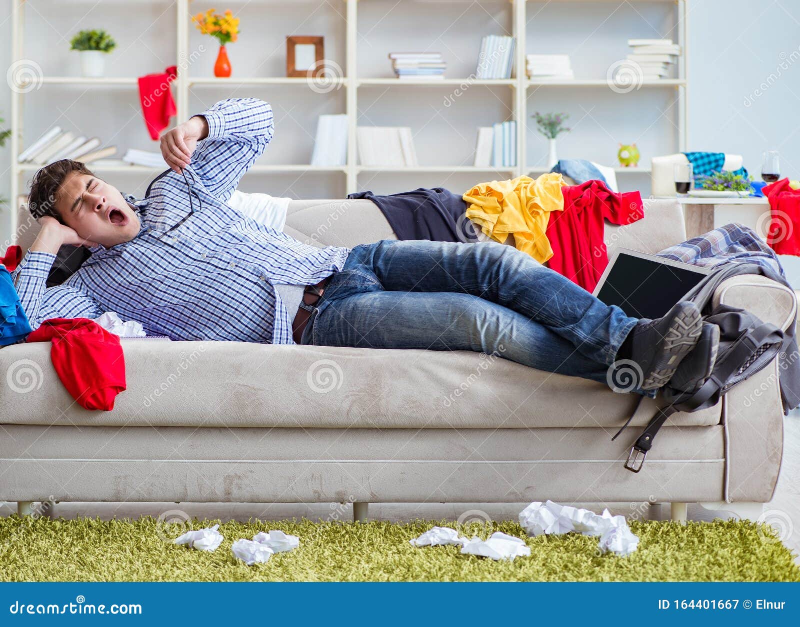 Young Man Working Studying in Messy Room Stock Image - Image of mess ...