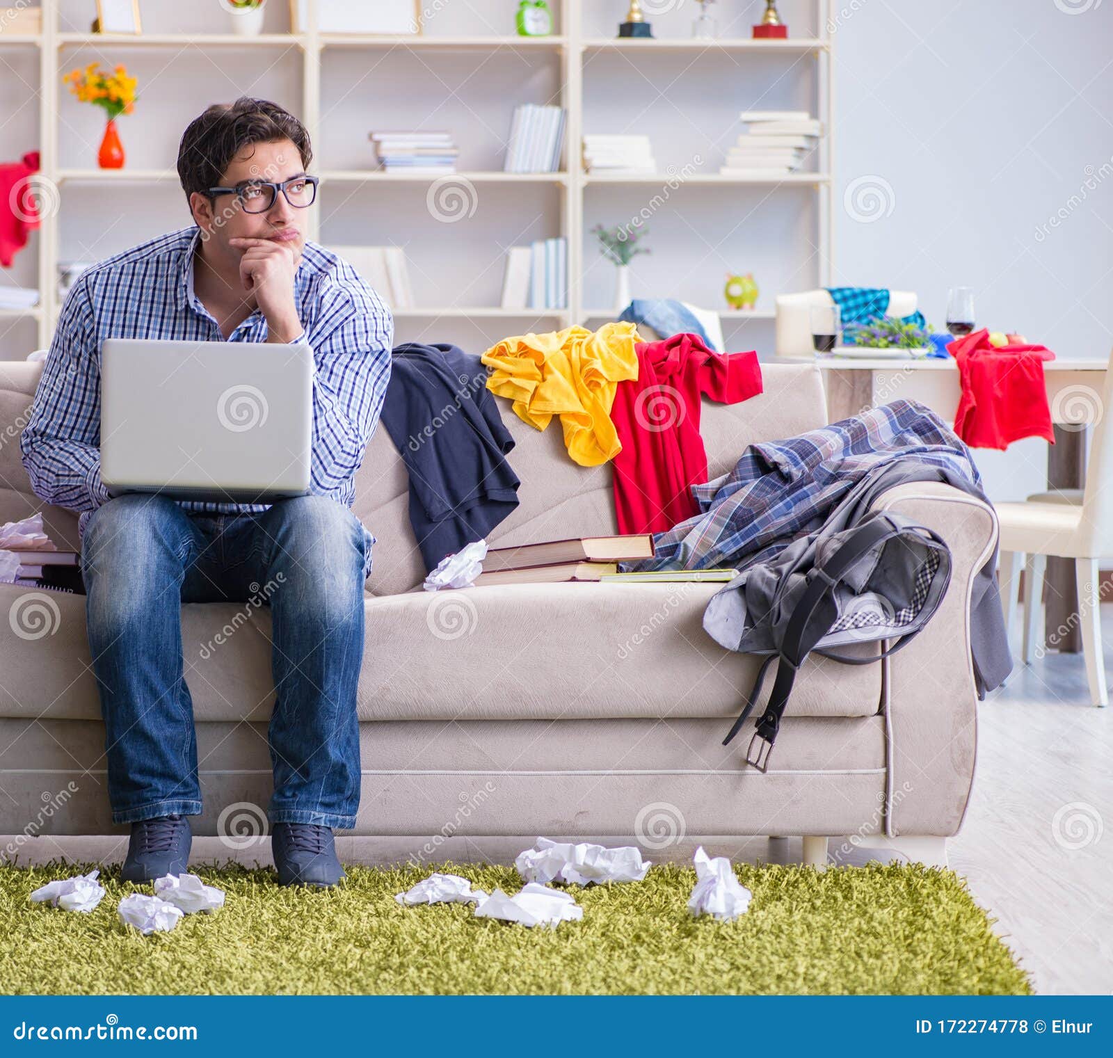 Young Man Working Studying in Messy Room Stock Photo - Image of ...