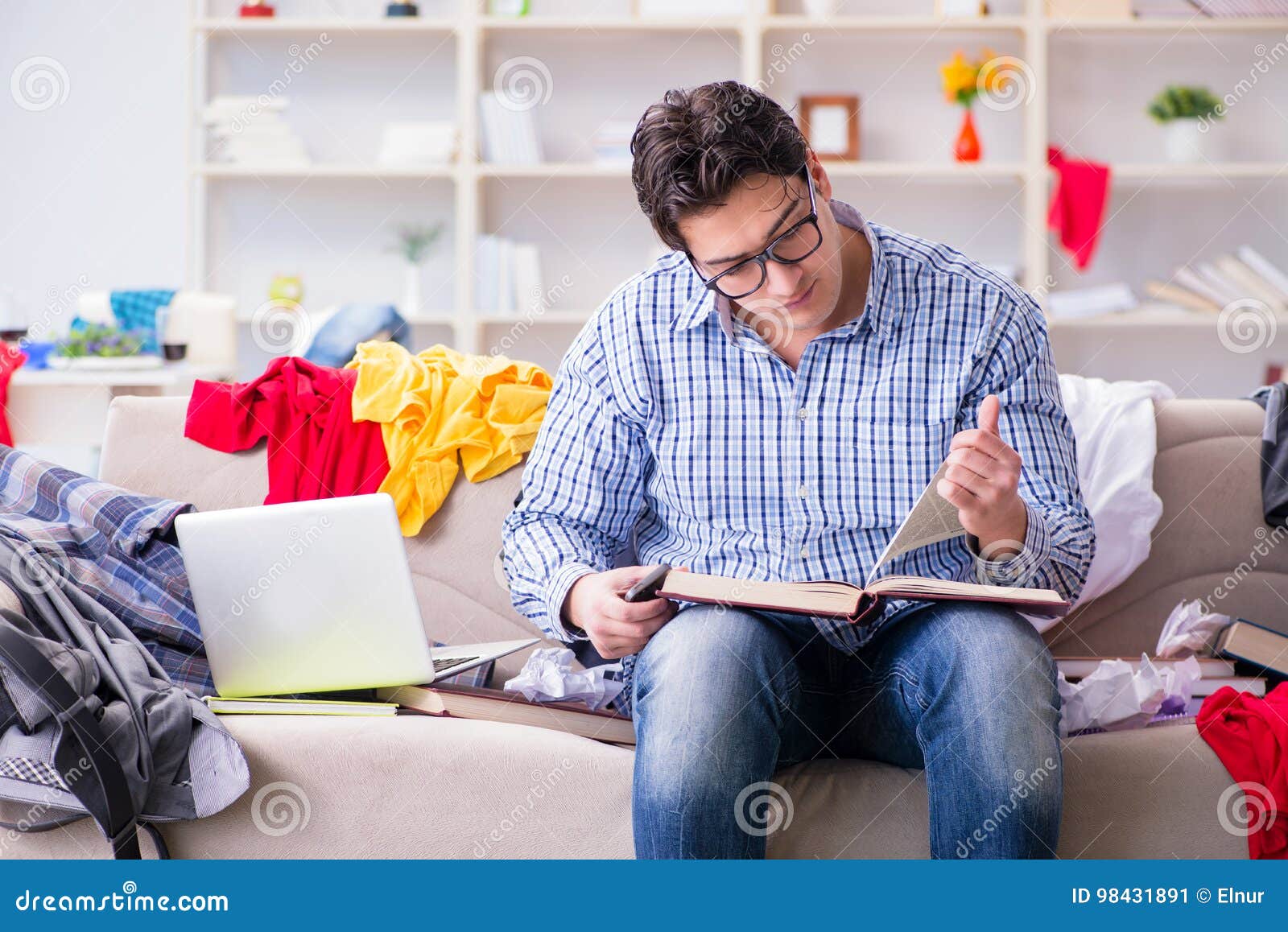 The Young Man Working Studying in Messy Room Stock Image - Image of ...