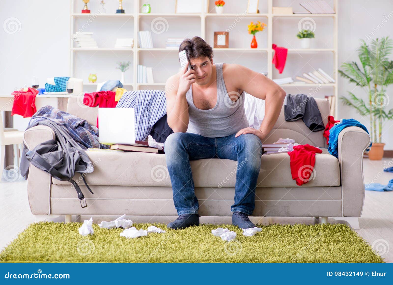 The Young Man Working Studying in Messy Room Stock Image - Image of ...