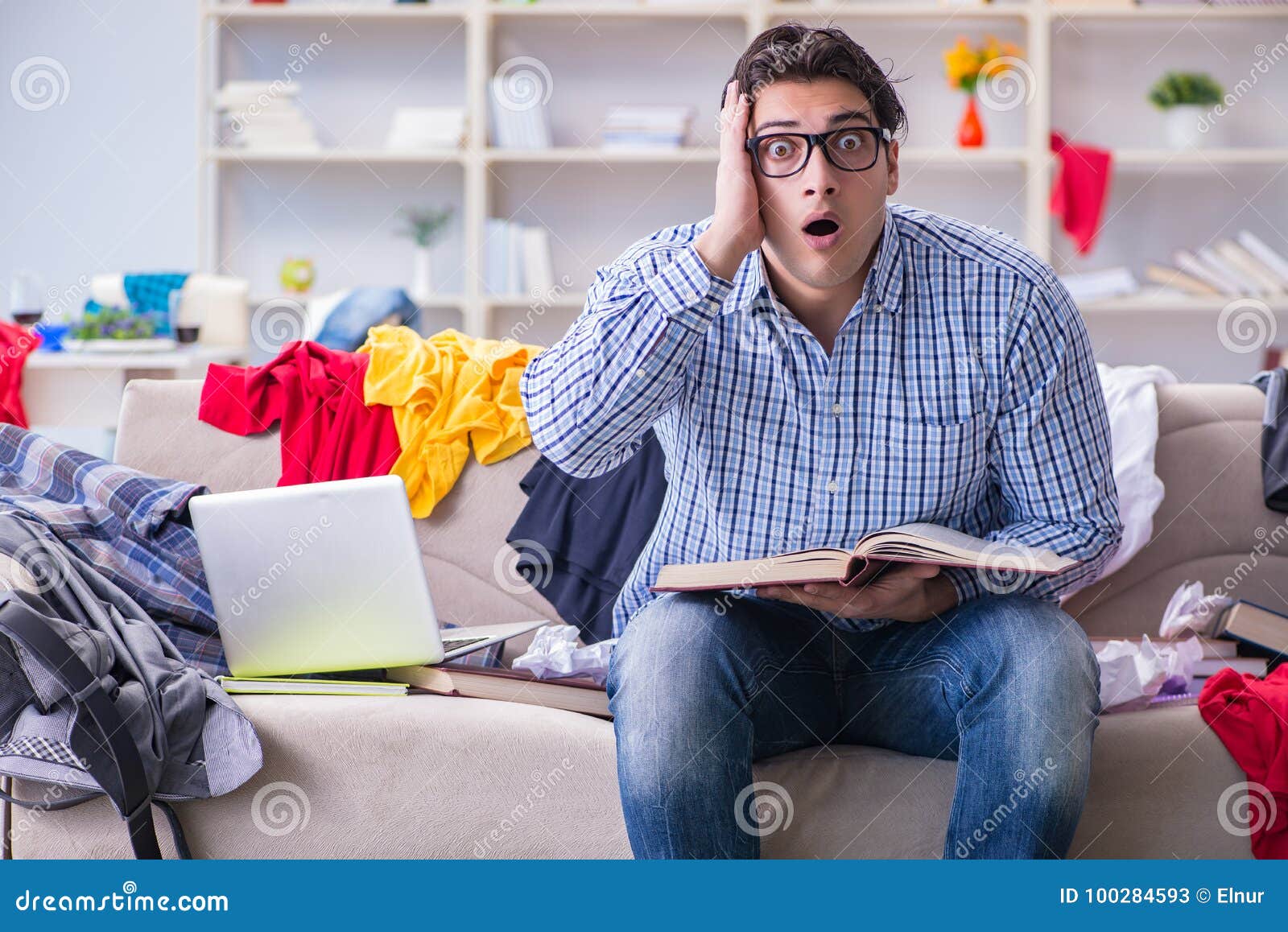 The Young Man Working Studying in Messy Room Stock Image - Image of ...
