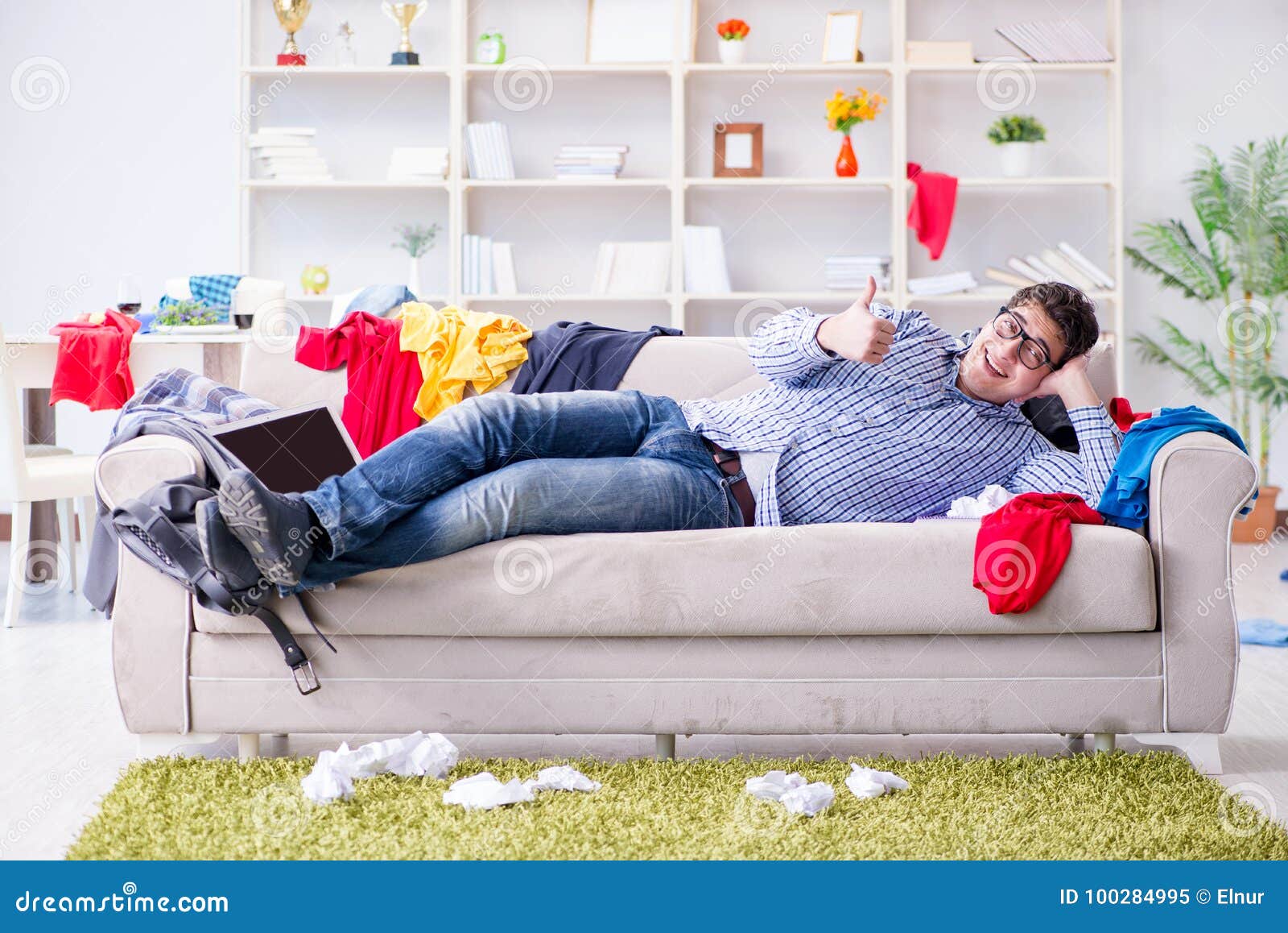 The Young Man Working Studying in Messy Room Stock Image - Image of ...