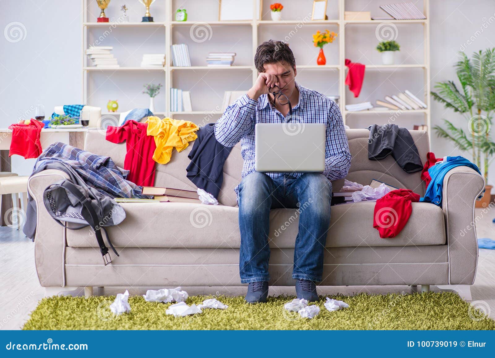 The Young Man Working Studying in Messy Room Stock Image - Image of ...