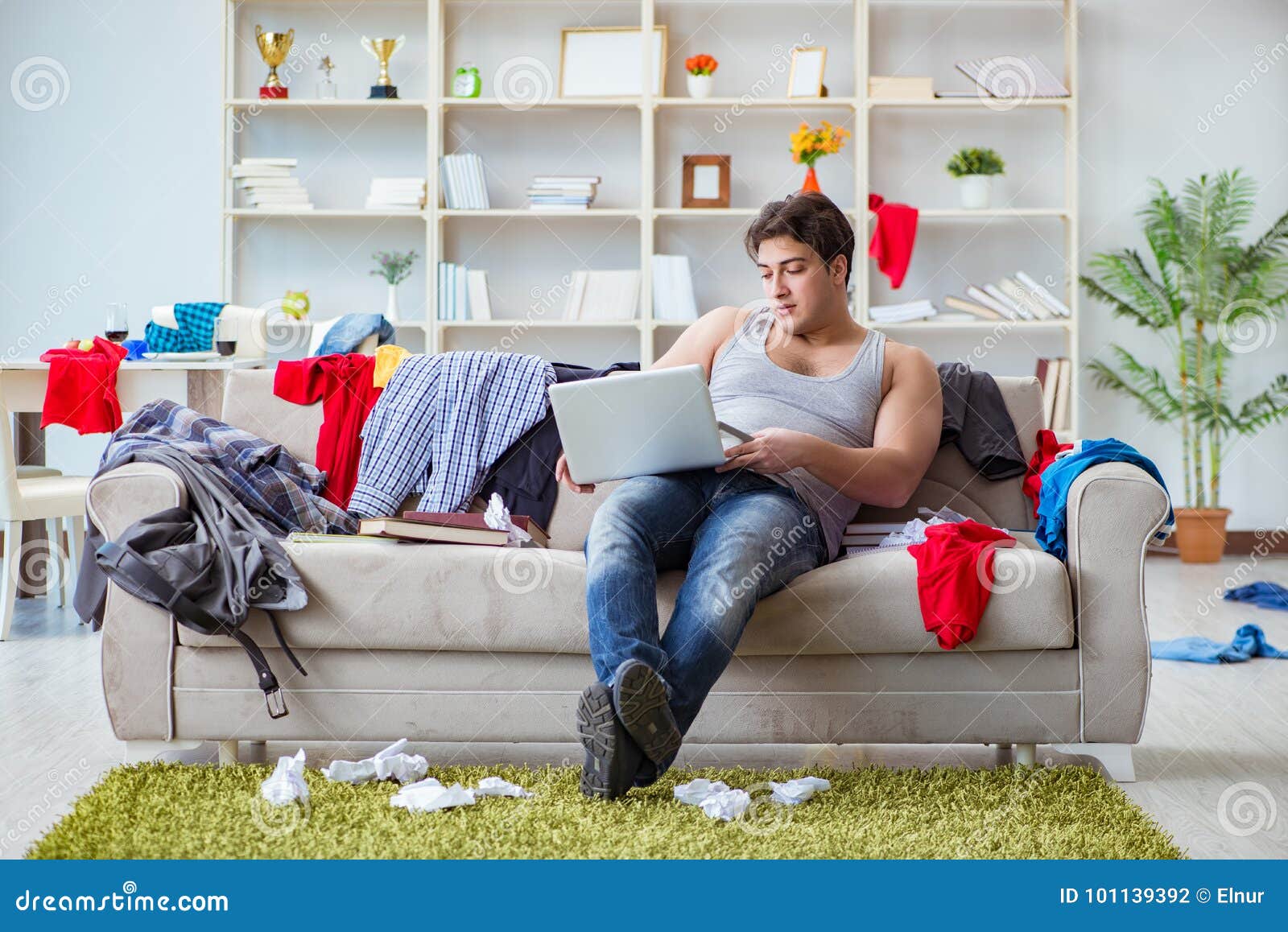 The Young Man Working Studying in Messy Room Stock Photo - Image of ...