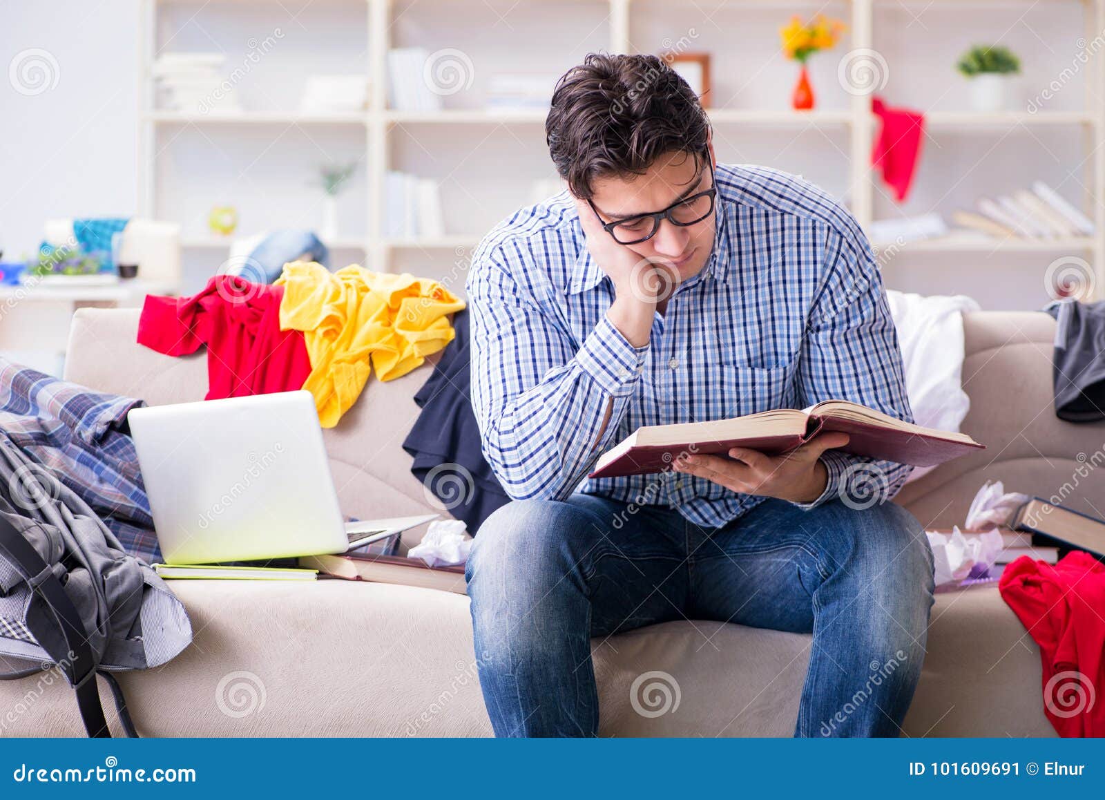 The Young Man Working Studying in Messy Room Stock Image - Image of ...
