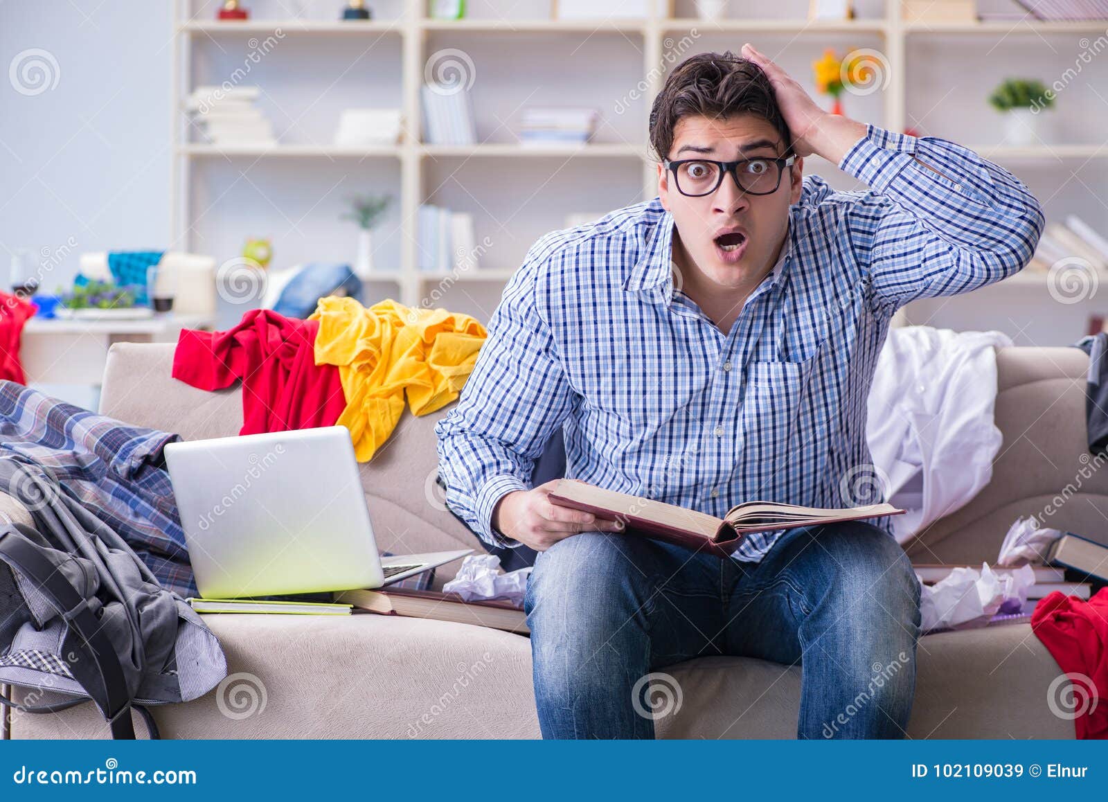 The Young Man Working Studying in Messy Room Stock Image - Image of ...