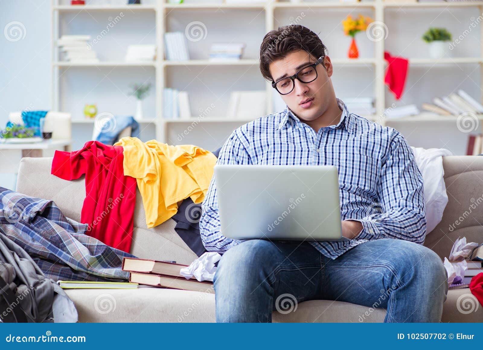The Young Man Working Studying in Messy Room Stock Photo - Image of ...