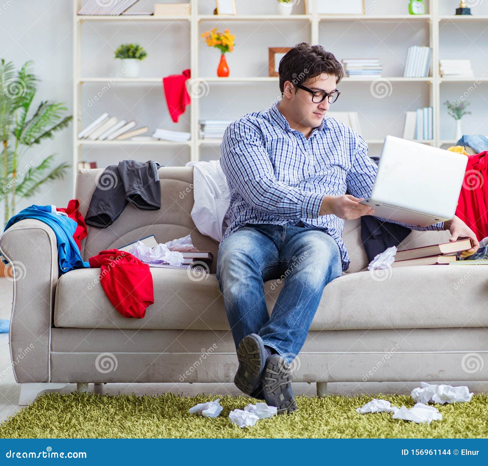 Young Man Working Studying in Messy Room Stock Photo - Image of mess ...