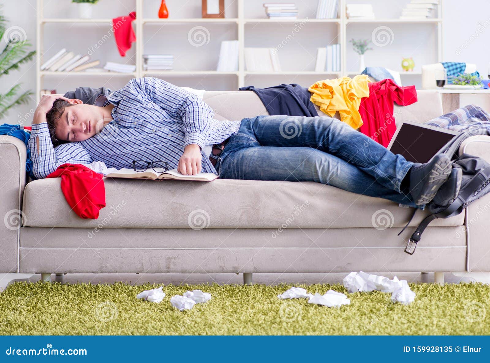 Young Man Working Studying in Messy Room Stock Image - Image of class ...