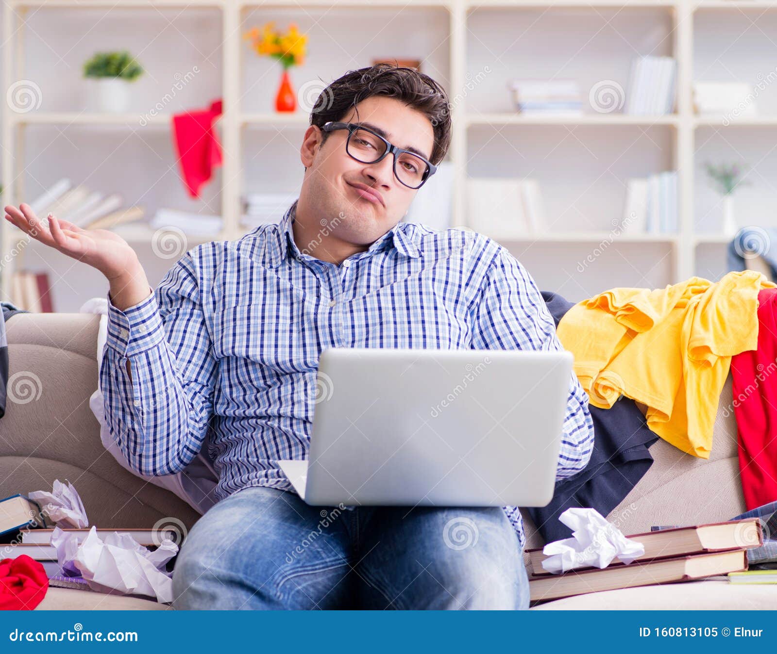Young Man Working Studying in Messy Room Stock Image - Image of class ...