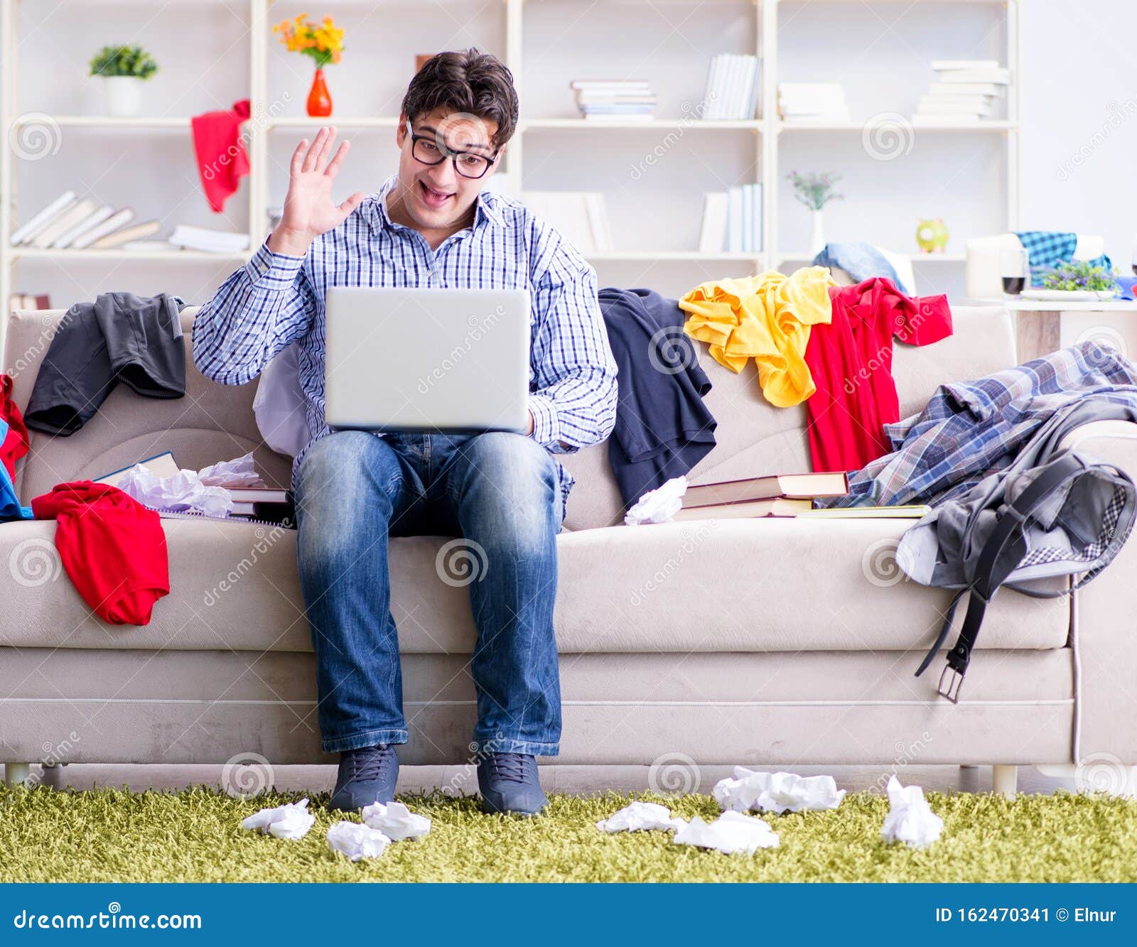 Young Man Working Studying in Messy Room Stock Image - Image of ...