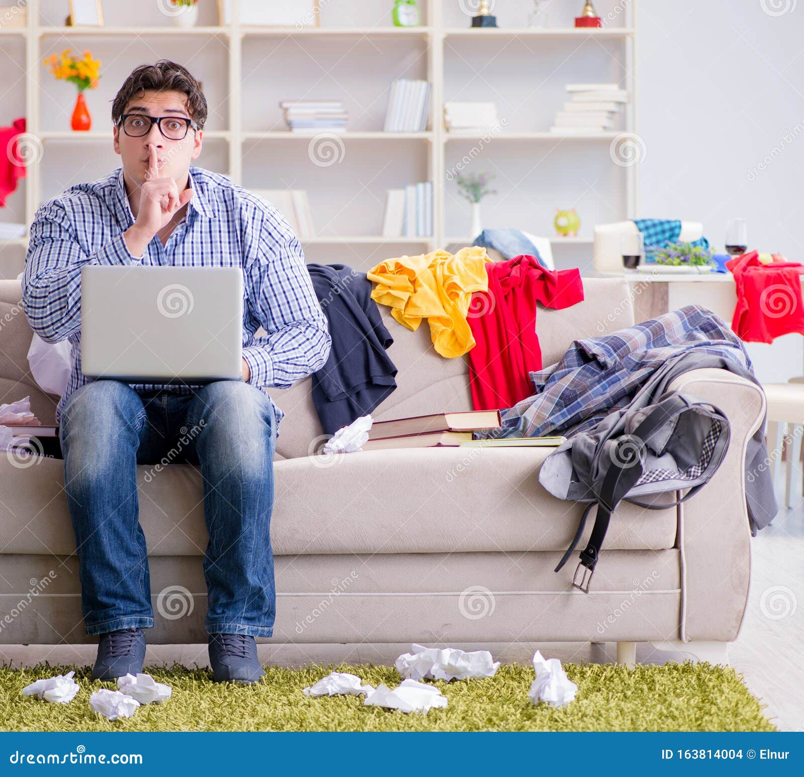 Young Man Working Studying in Messy Room Stock Photo - Image of class ...