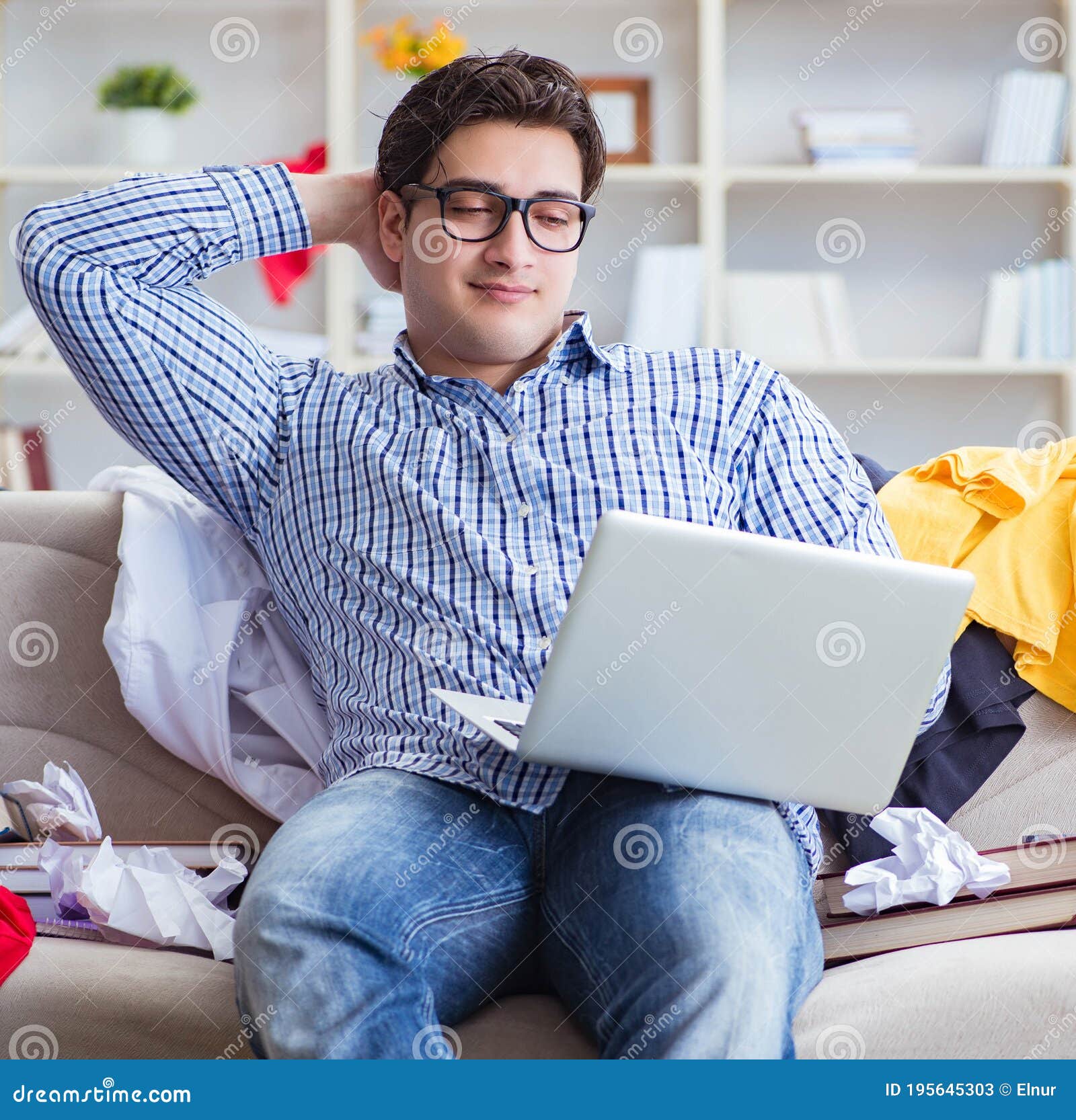 The Young Man Working Studying in Messy Room Stock Image - Image of ...