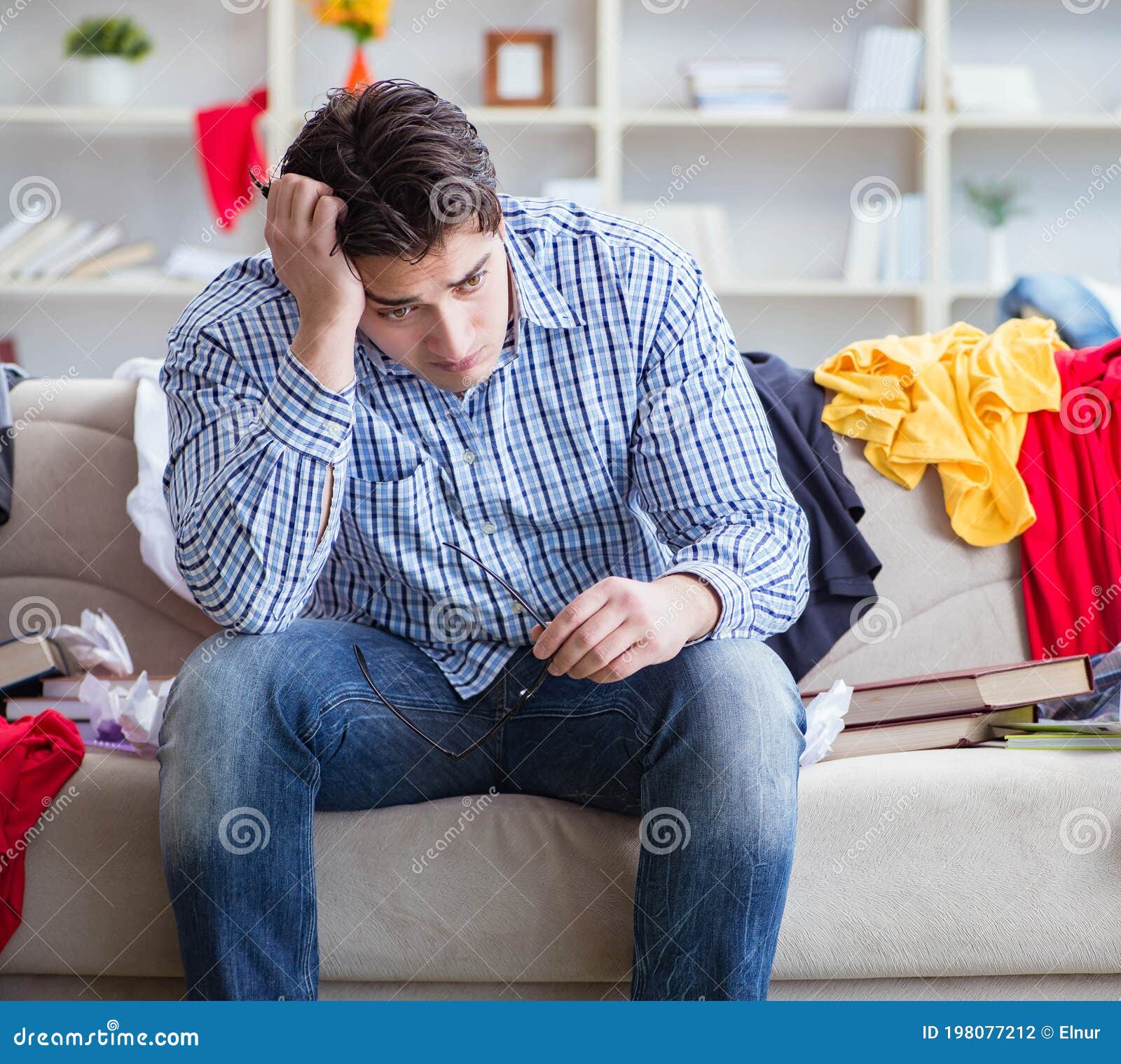 Young Man Working Studying in Messy Room Stock Photo - Image of messy ...
