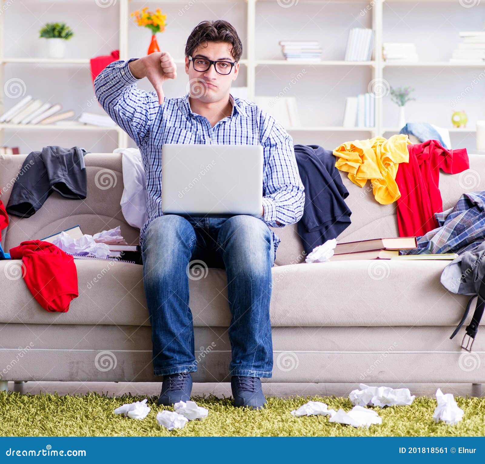 Young Man Working Studying in Messy Room Stock Image - Image of ...