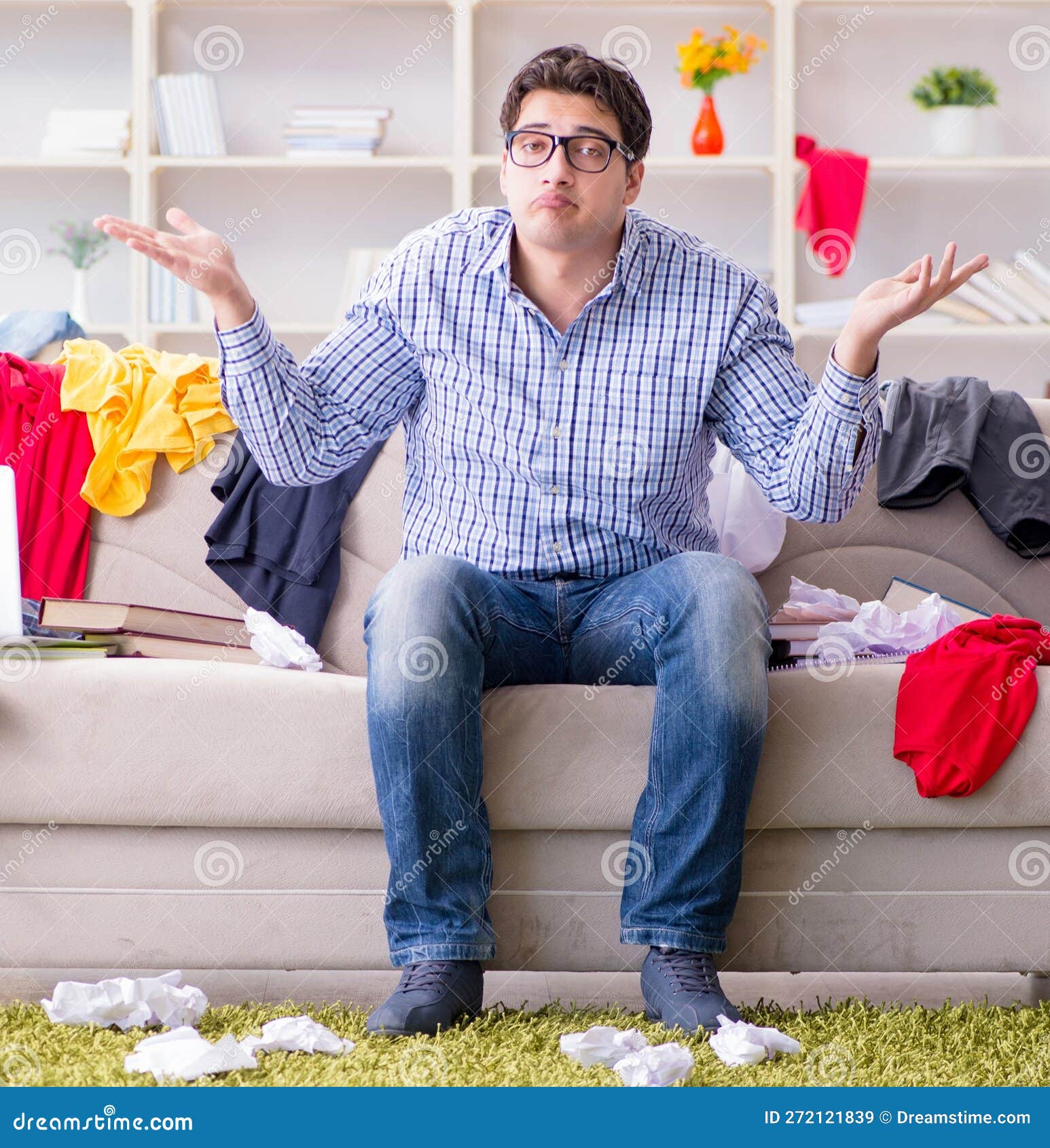 Young Man Working Studying in Messy Room Stock Image - Image of ...