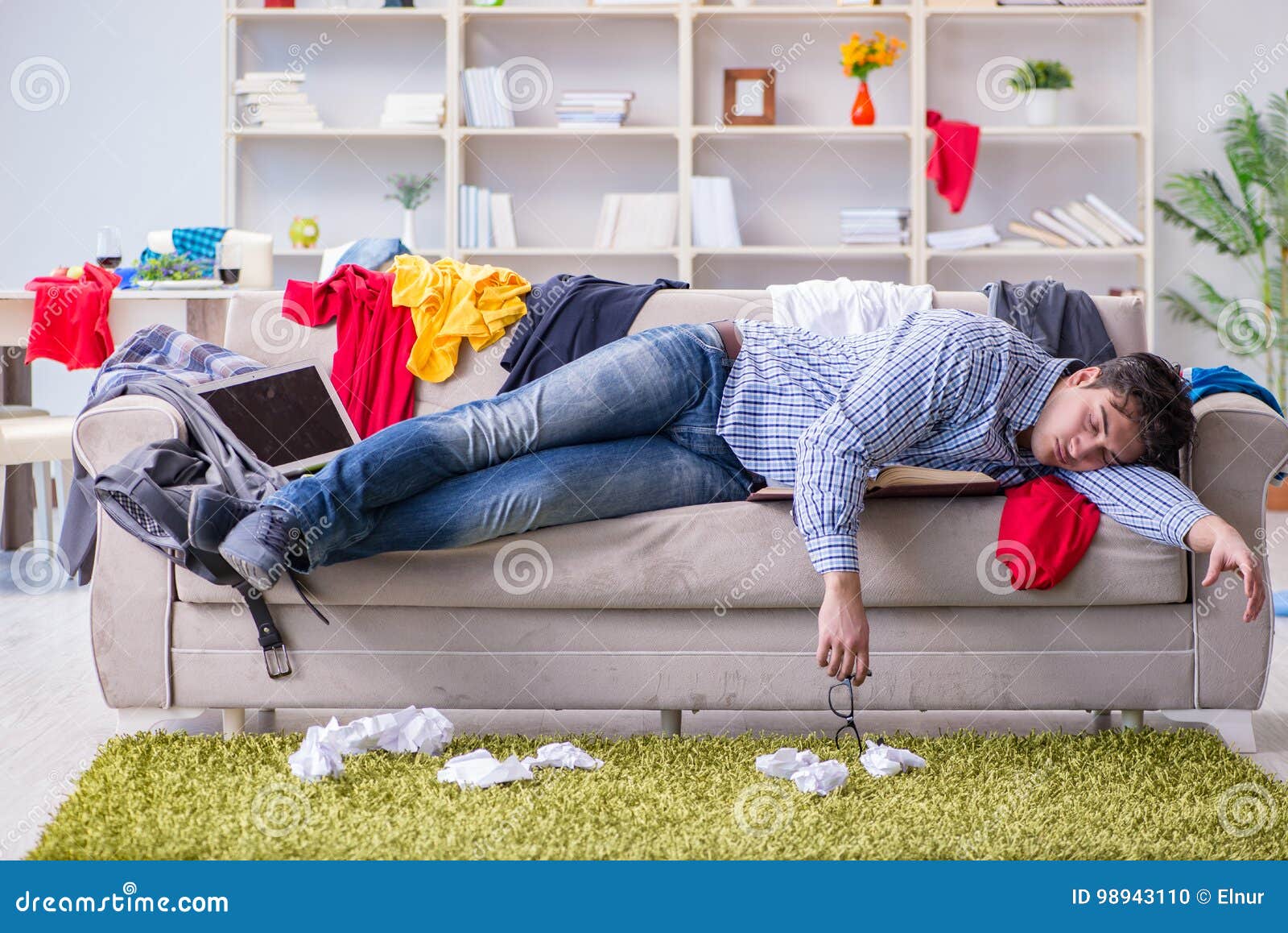 The Young Man Working Studying in Messy Room Stock Photo - Image of ...