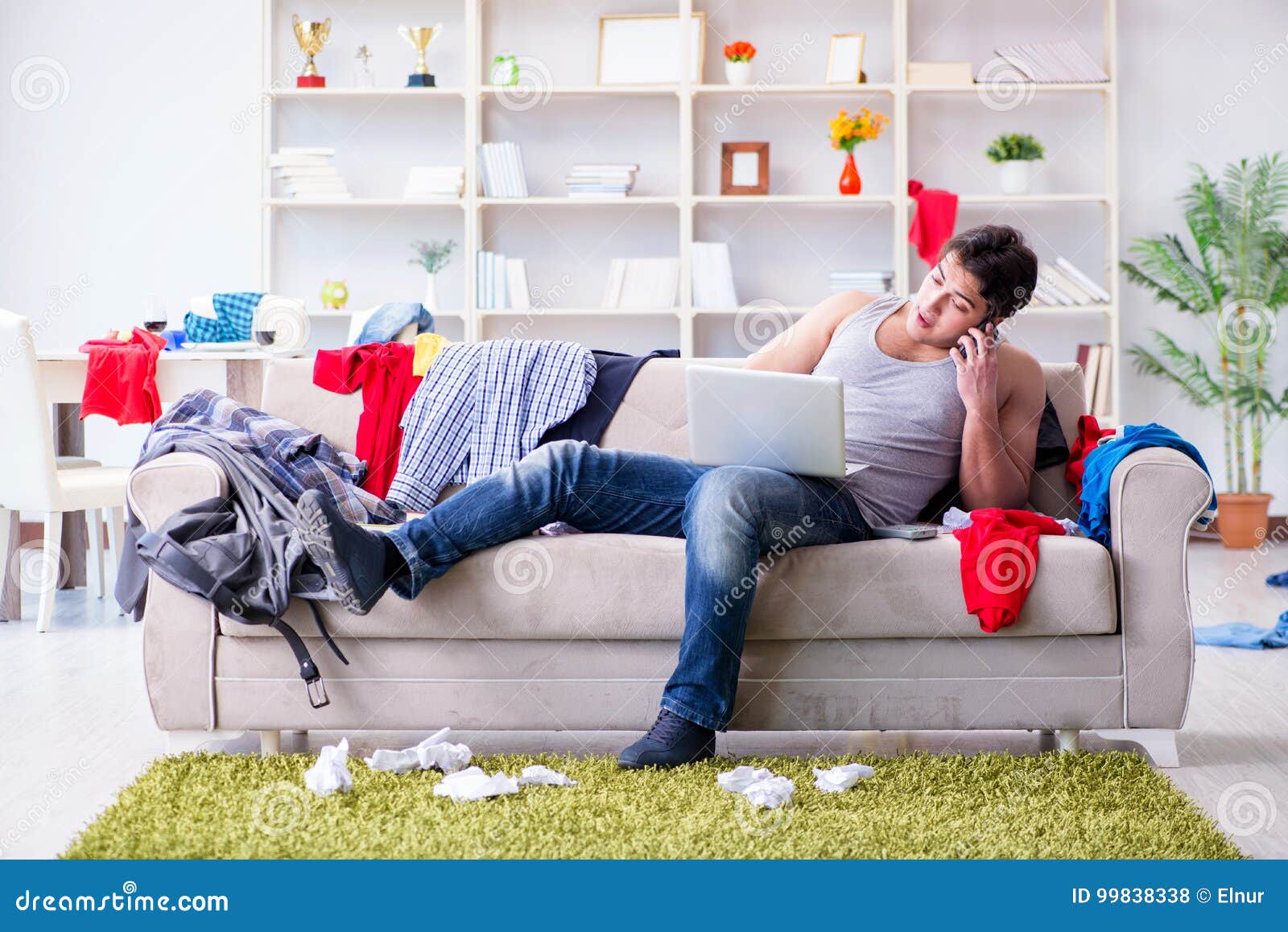 The Young Man Working Studying in Messy Room Stock Photo - Image of ...