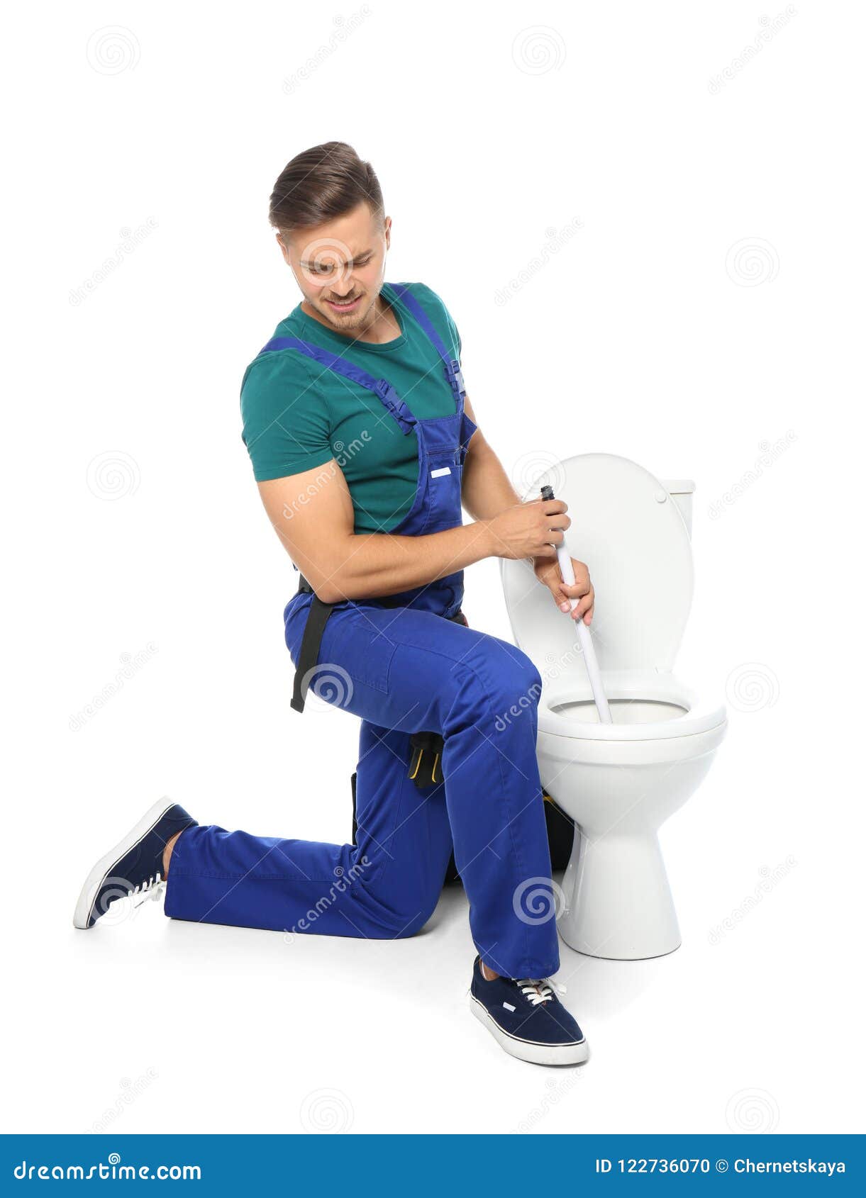 Young Man Working with Toilet Bowl, Isolated Stock Photo - Image of ...