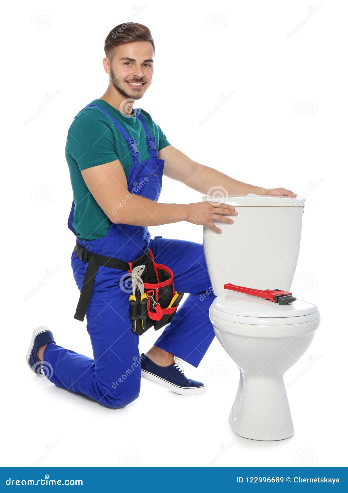 Young Man Working with Toilet Tank, Isolated Stock Image - Image of ...