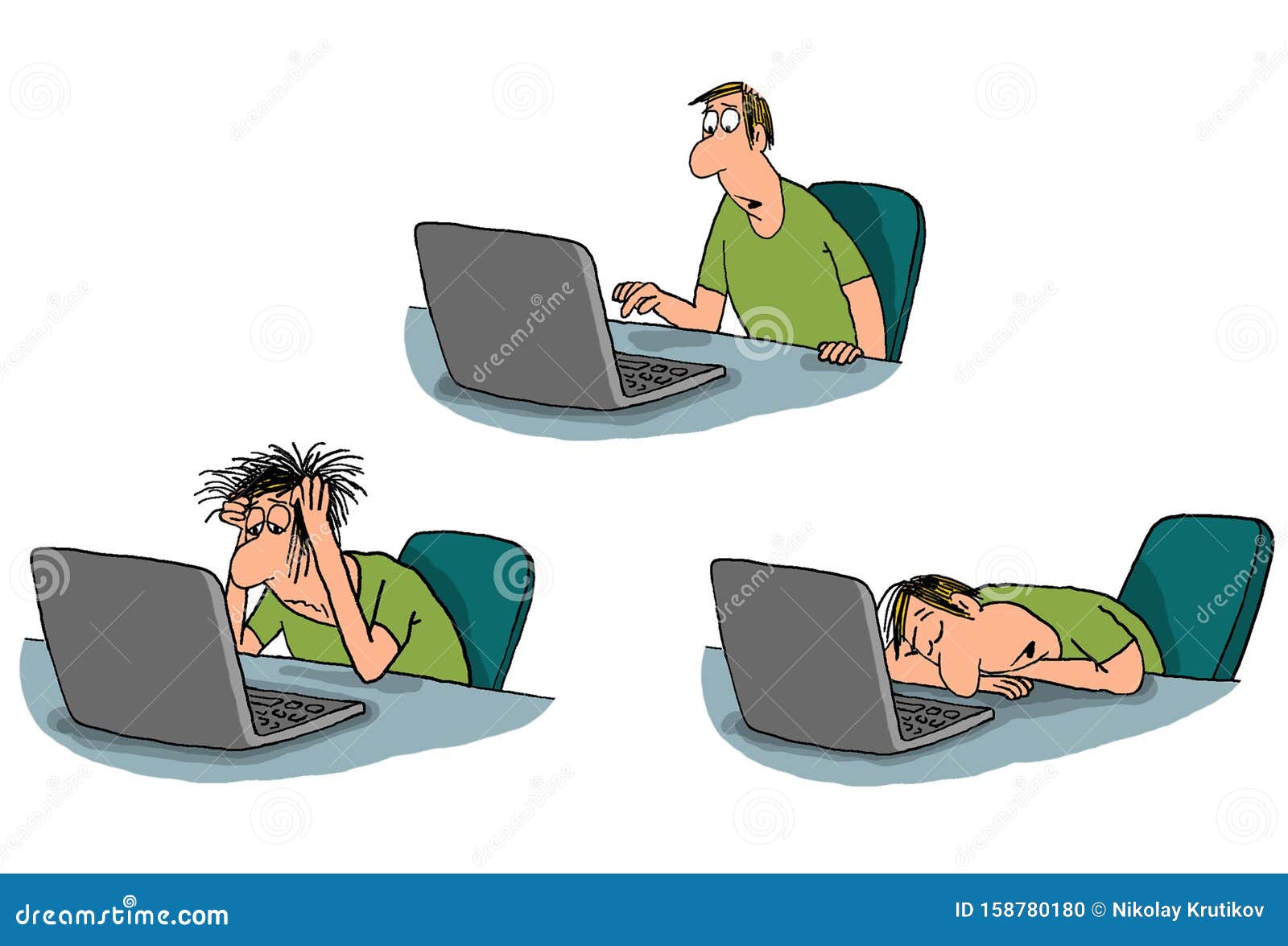 Man Works at the Computer, Tired, Sleeps, is Surprised Stock ...
