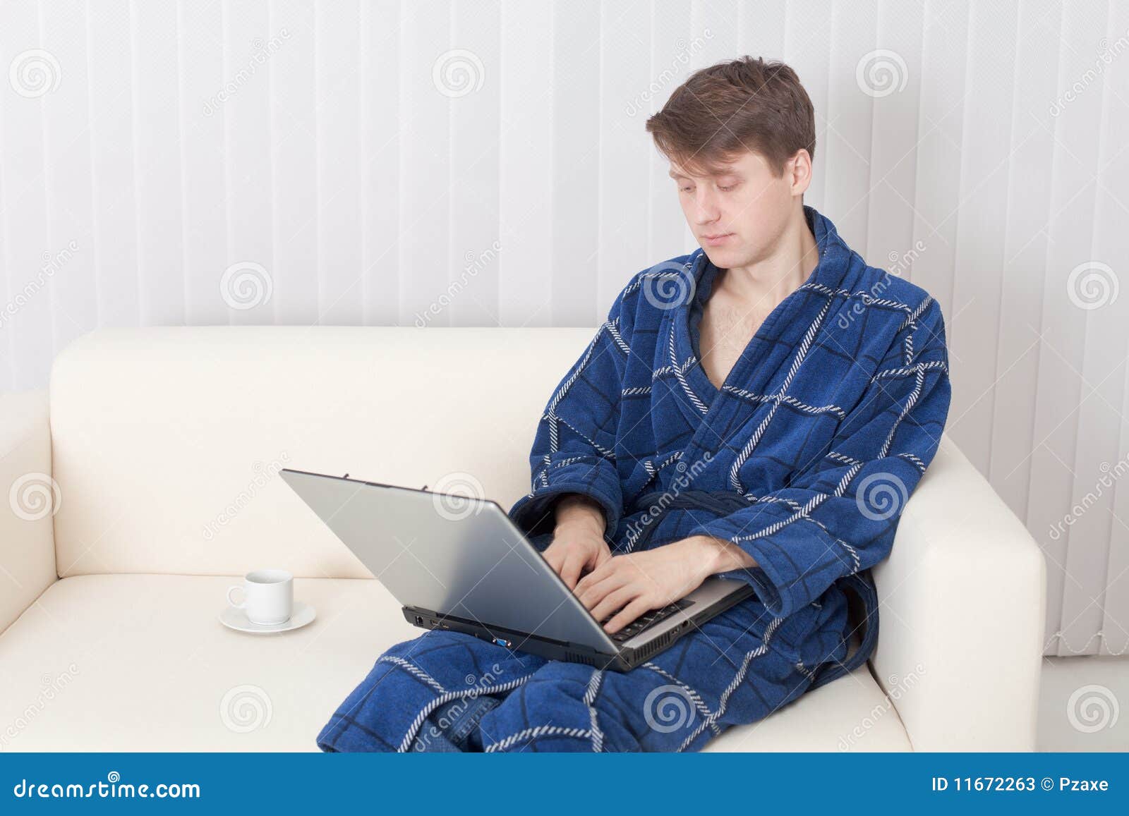 Young Man Works Laptop Blue Dressing Gown Stock Photos - Free & Royalty ...