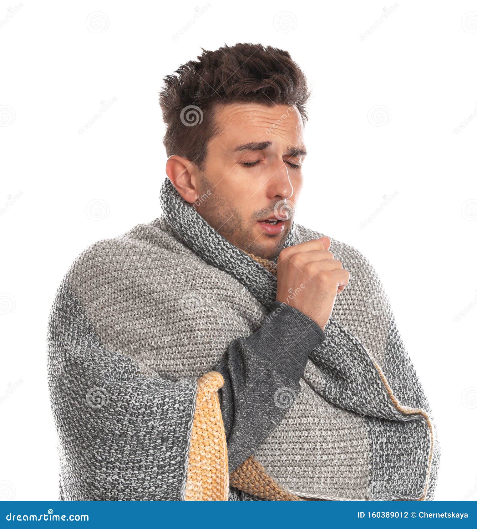Young Man Wrapped in Warm Blanket Suffering from Cold on Background ...